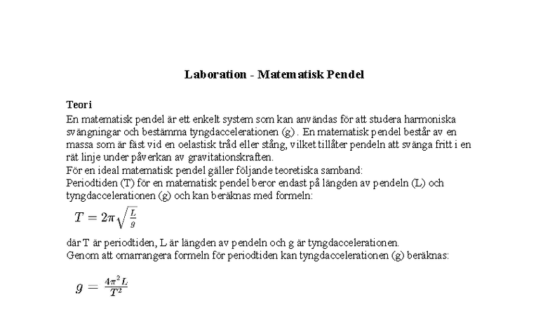 Laboration: Matematisk Pendel och Tyngdacceleration (FYS101) - Studocu