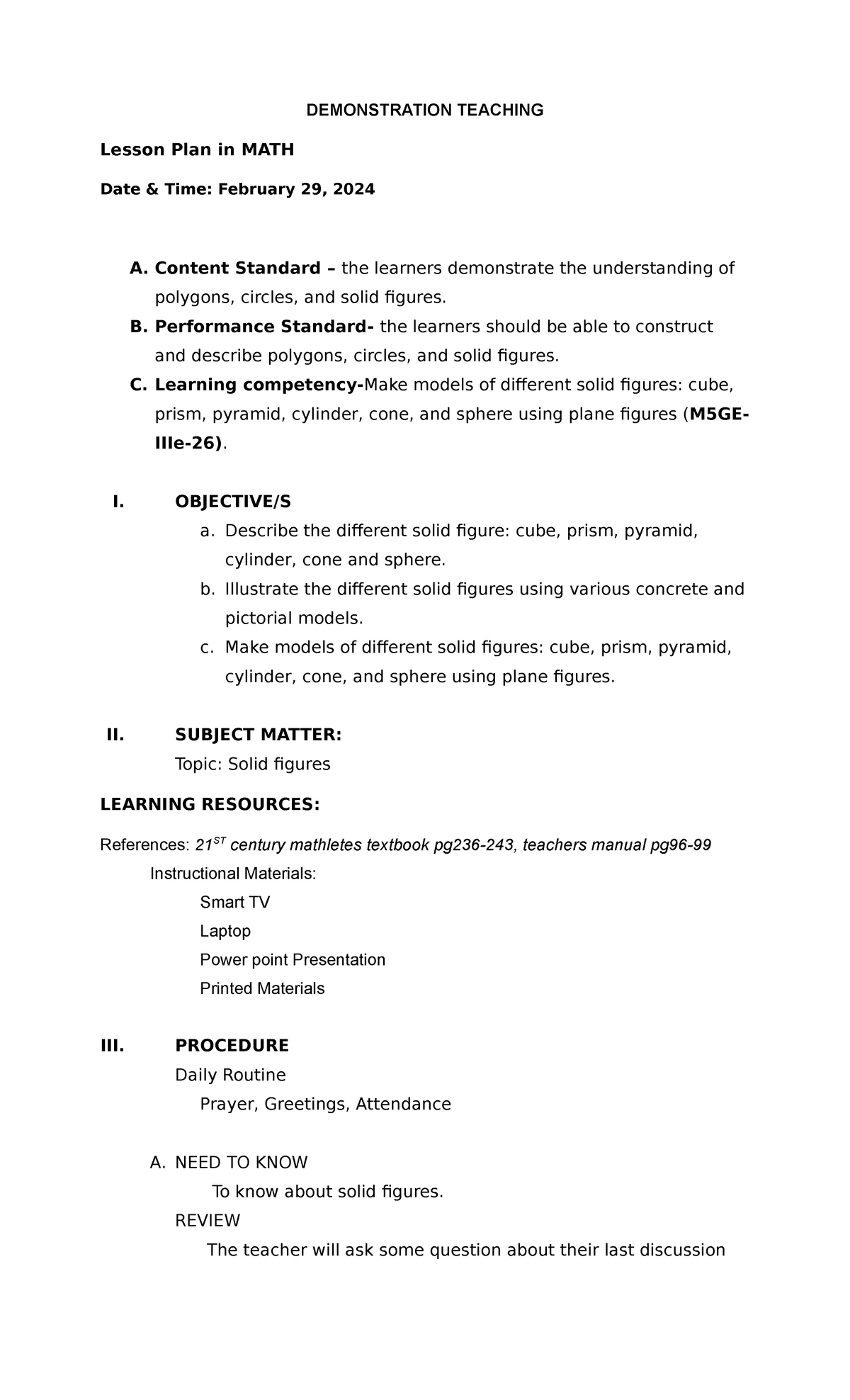 Demonstration Teaching Lesson Plan: Solid Figures in Math (M5GE-IIIe-26 ...