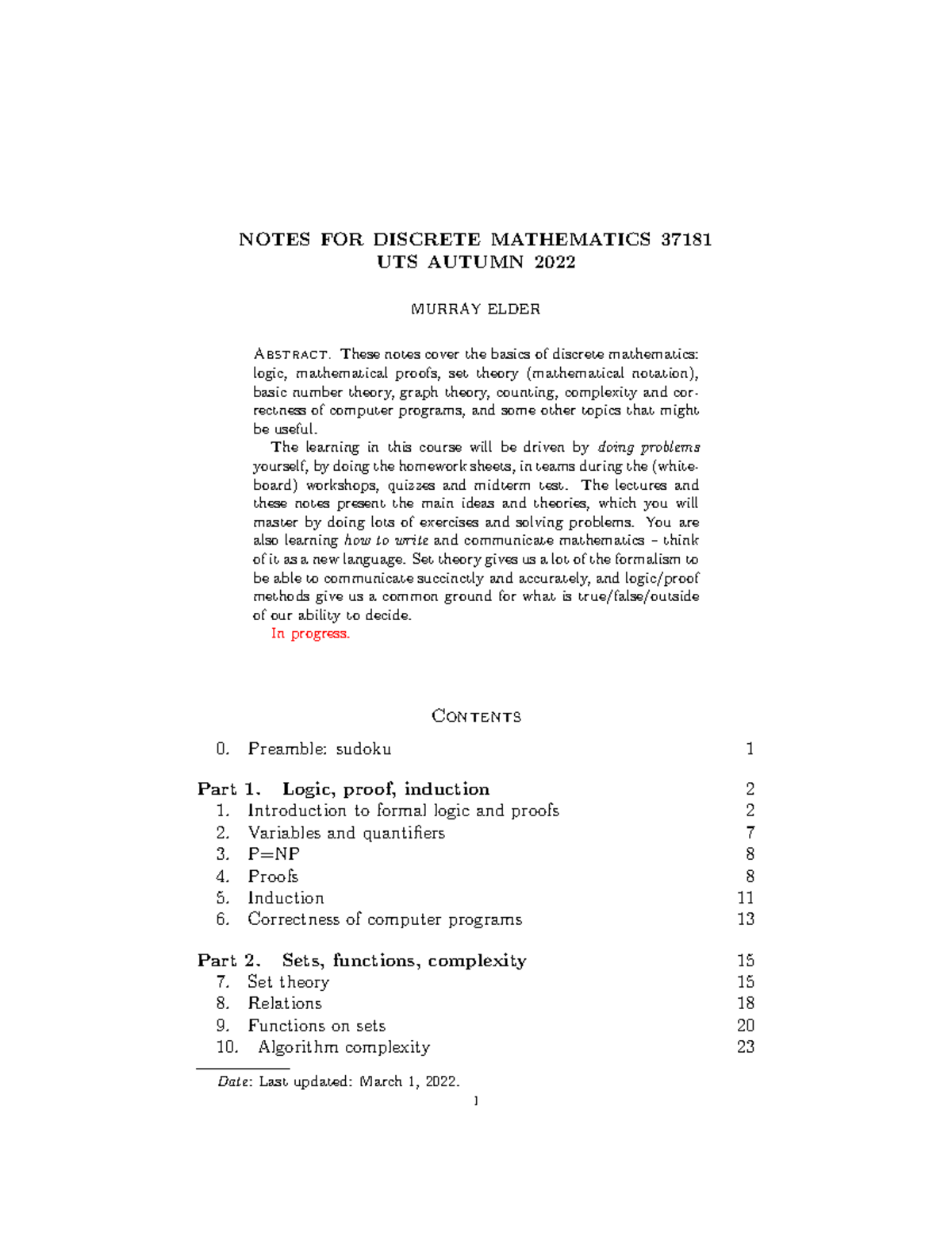 UTS 37181 Discrete Math Notes for Autumn 2022 - Murray Elder - Studocu