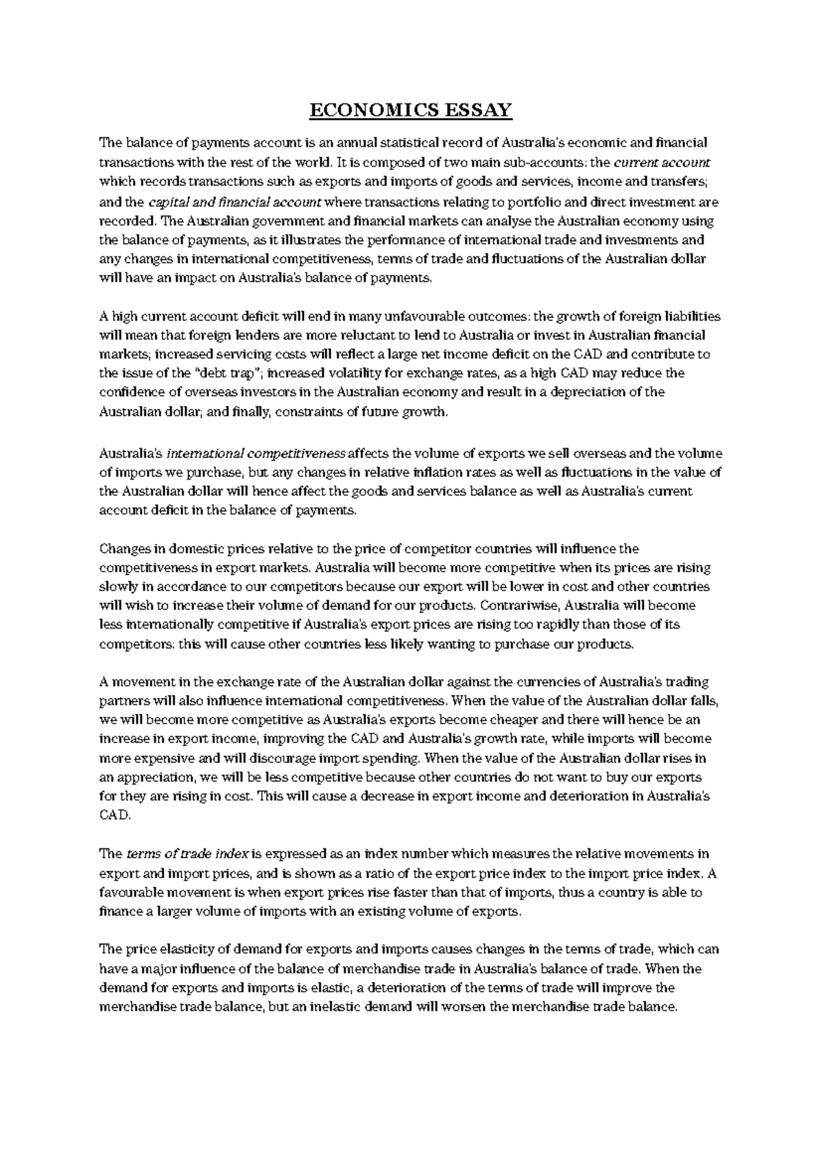 Economics Essay on BOP - ECONOMICS ESSAY The balance of payments ...