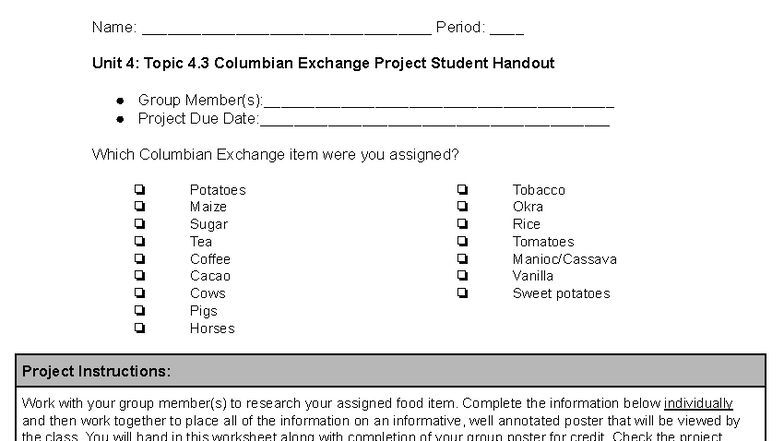 Unit 4: Topic 4.3 Columbian Exchange Project Handout - Studocu