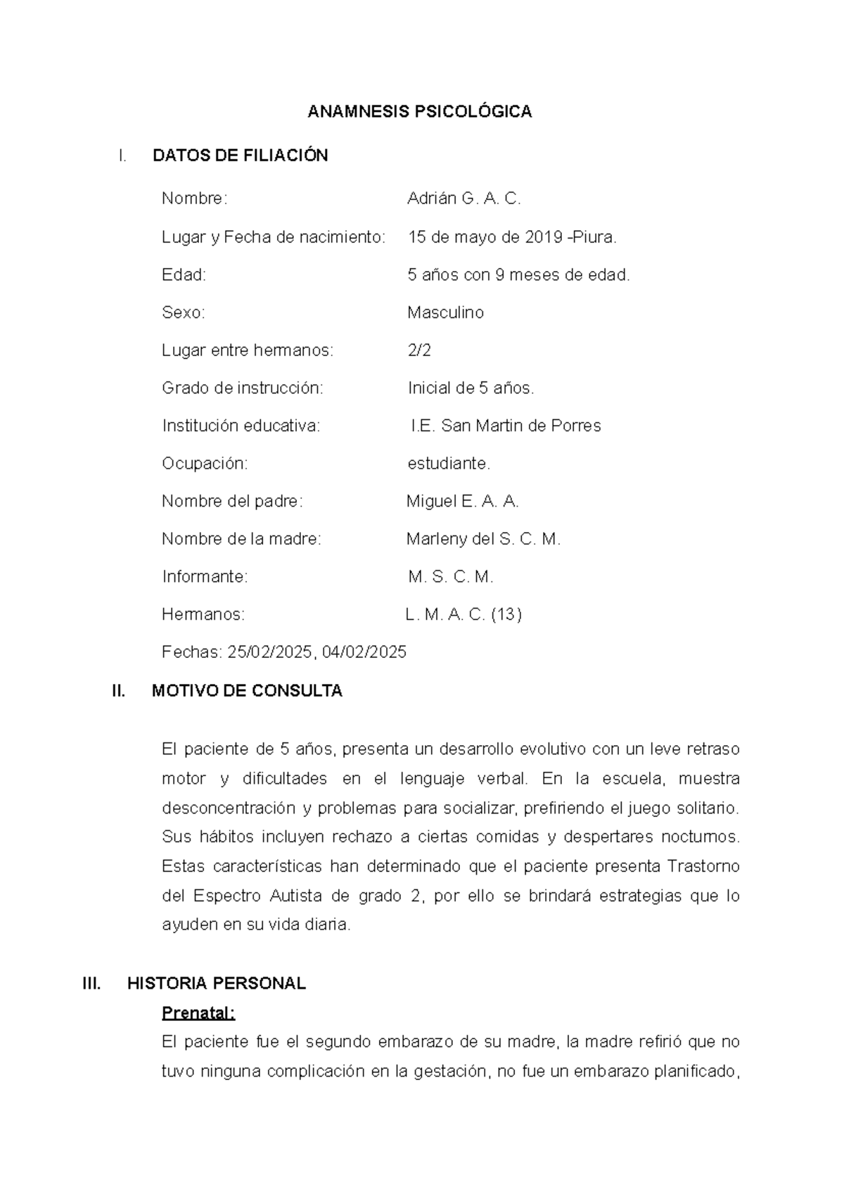 Anamnesis Psicológica: Caso de Adrián G. A. C. (5 años) - Studocu