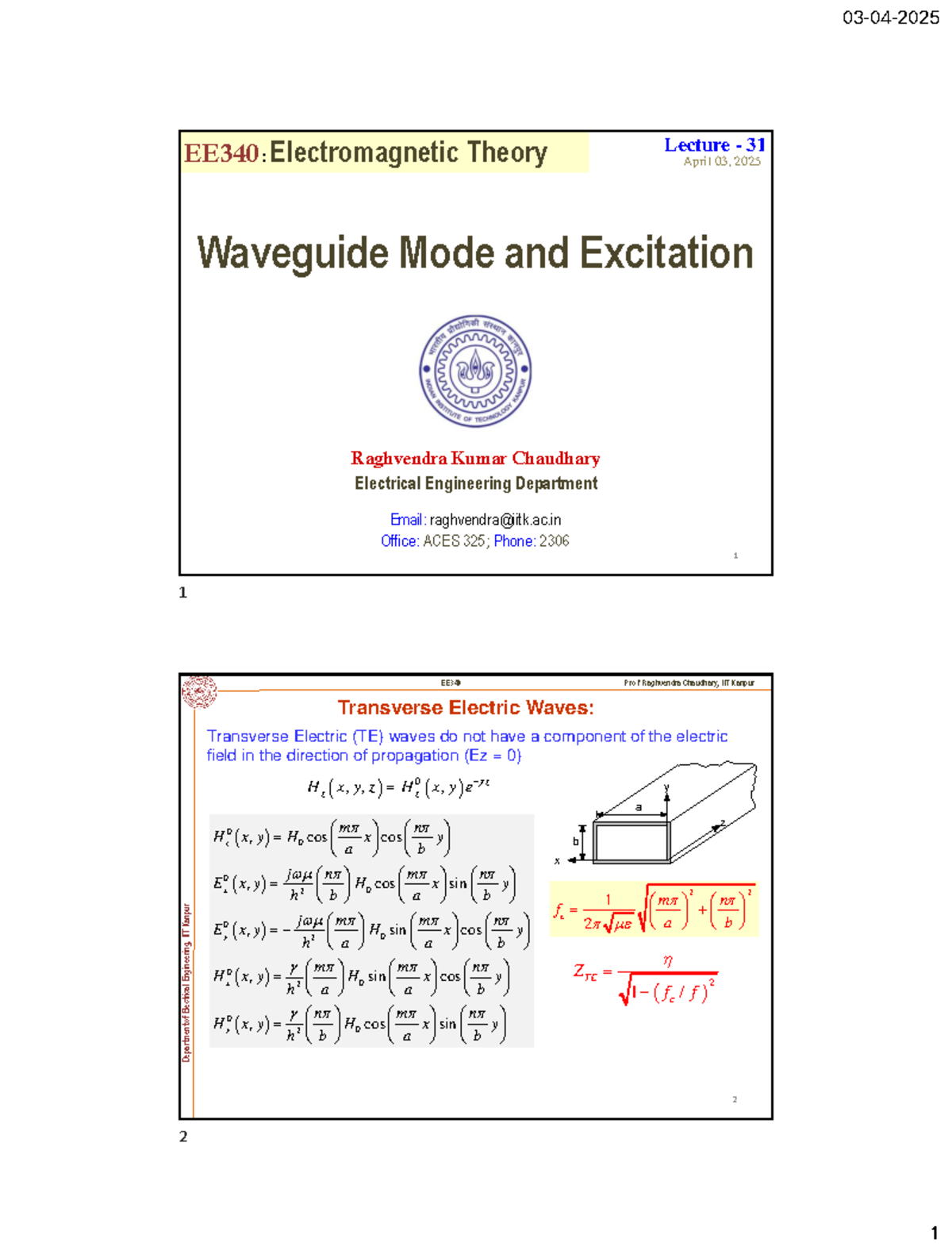 EE340: Lecture 31 - Waveguide Modes and Excitation Analysis - Studocu