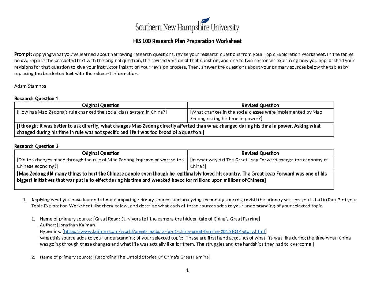 HIS 100 Research Plan Preparation Worksheet - HIS 100 Research Plan ...