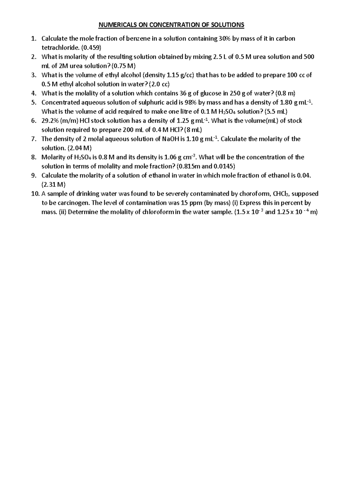 Numericals on Concentration of Solutions with Answers (Chem 101) - Studocu