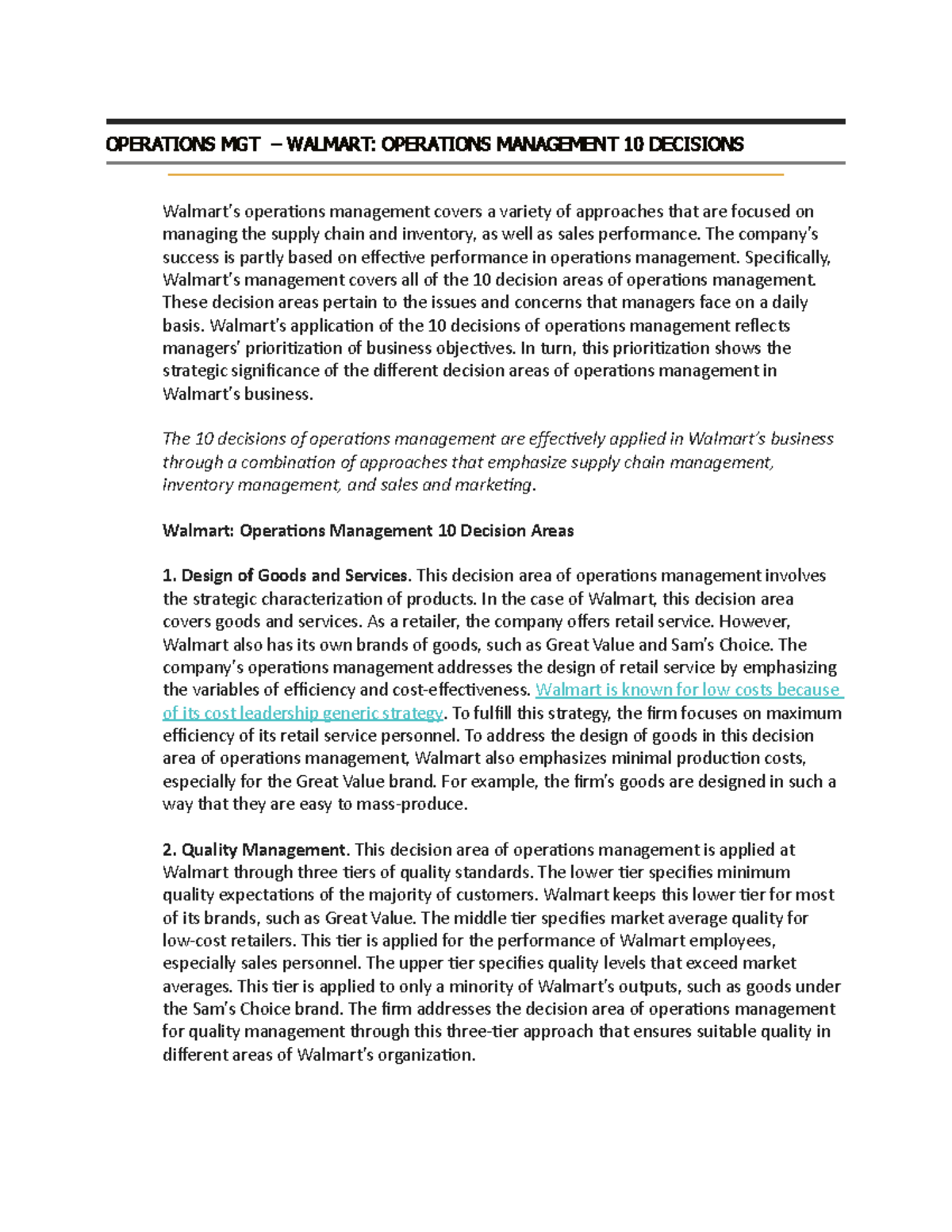 Wal Mart Case study - Grade: B - OPERATIONS MGT – WALMART: OPERATIONS ...