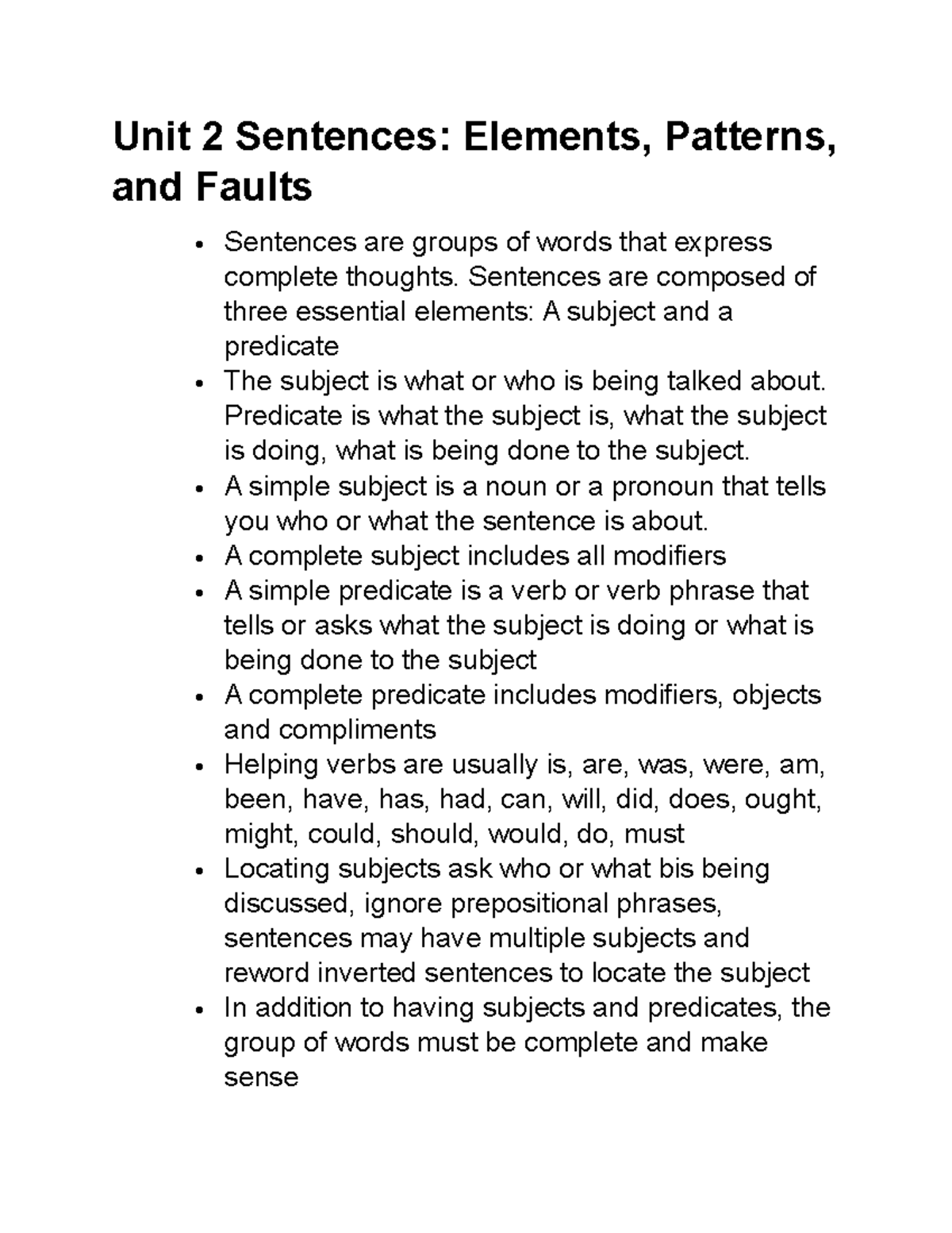 Unit 2 Sentences - Unit 2 Sentences: Elements, Patterns, and Faults ...