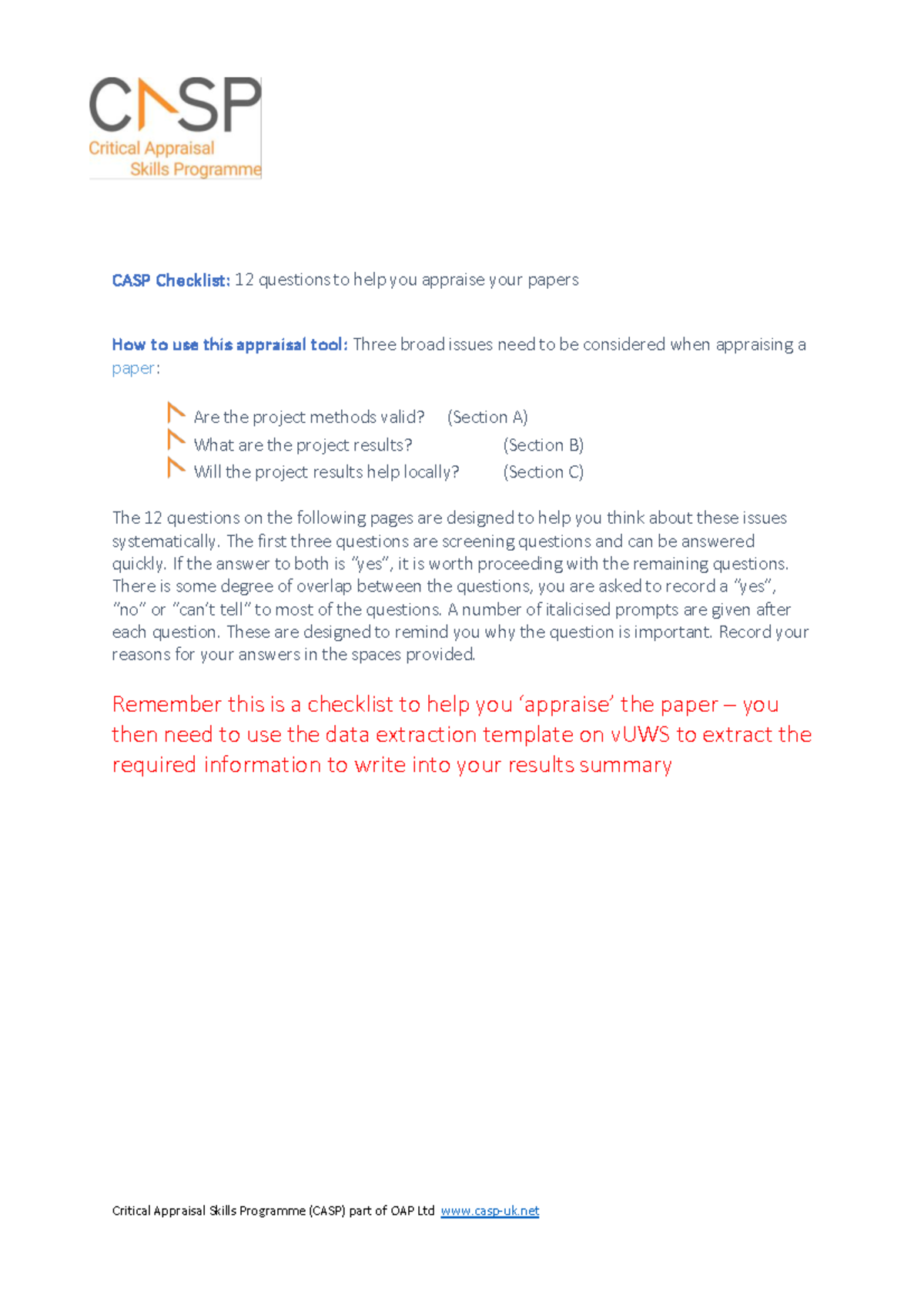 Critical appraisal Checklist - Critical Appraisal Skills Programme ...