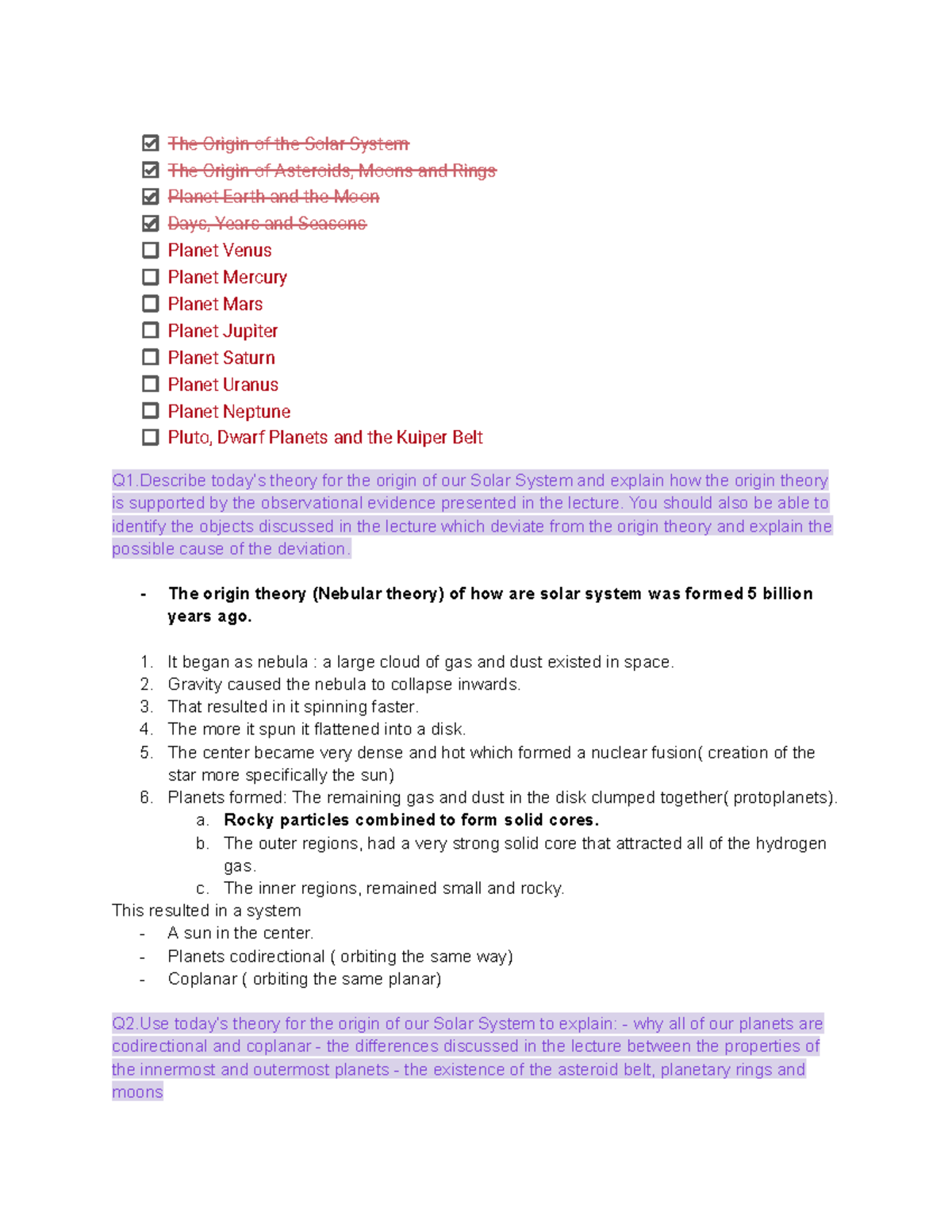 NATS 1530 - Week 2 Learning Outcomes: Solar System Origins and ...