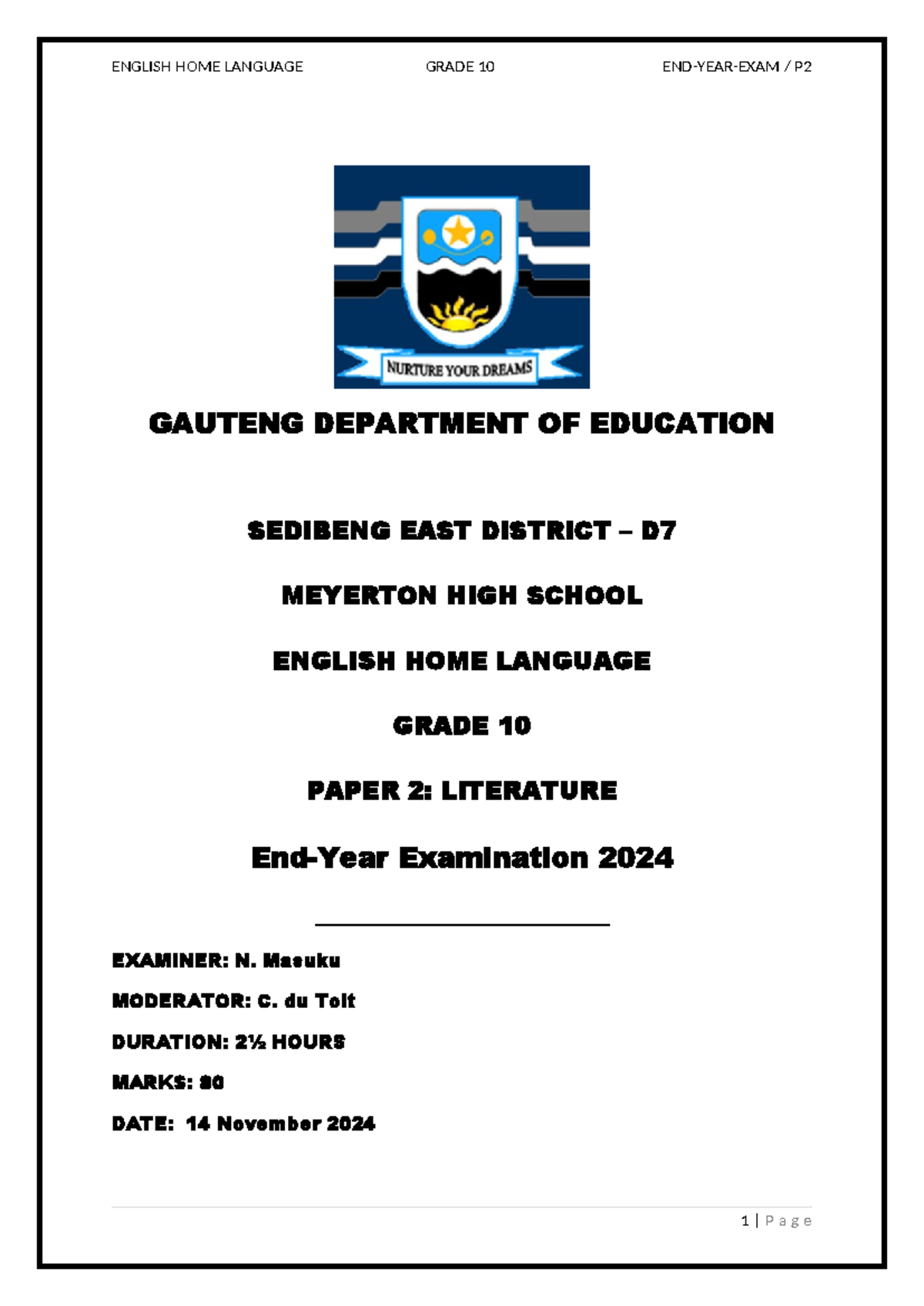 Meyerton HIGH Grade 10 English HL Paper 2 Literature Exam Nov 2024 ...