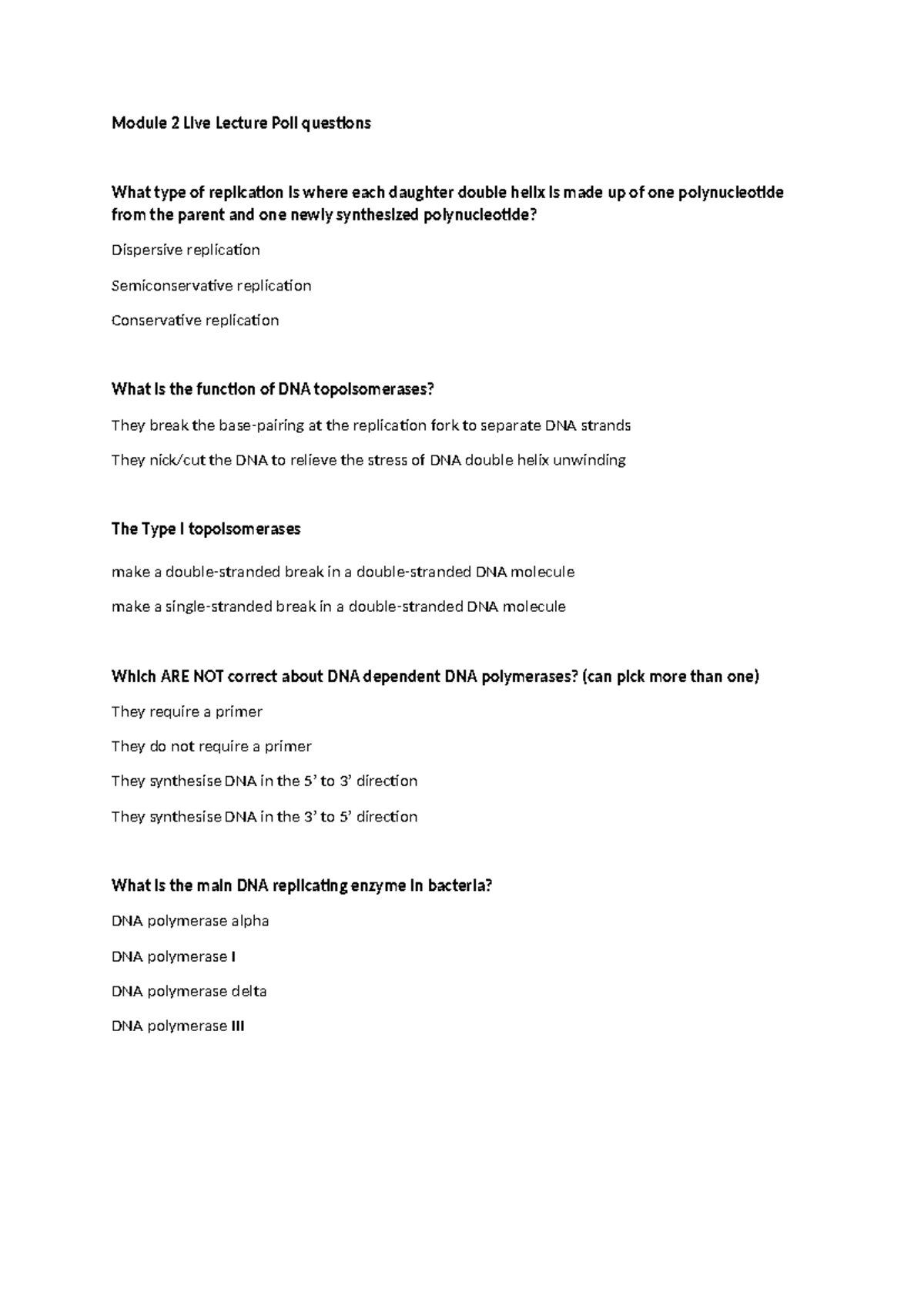 2023 Module 2 Live Lecture Poll Questions on DNA Replication - Studocu