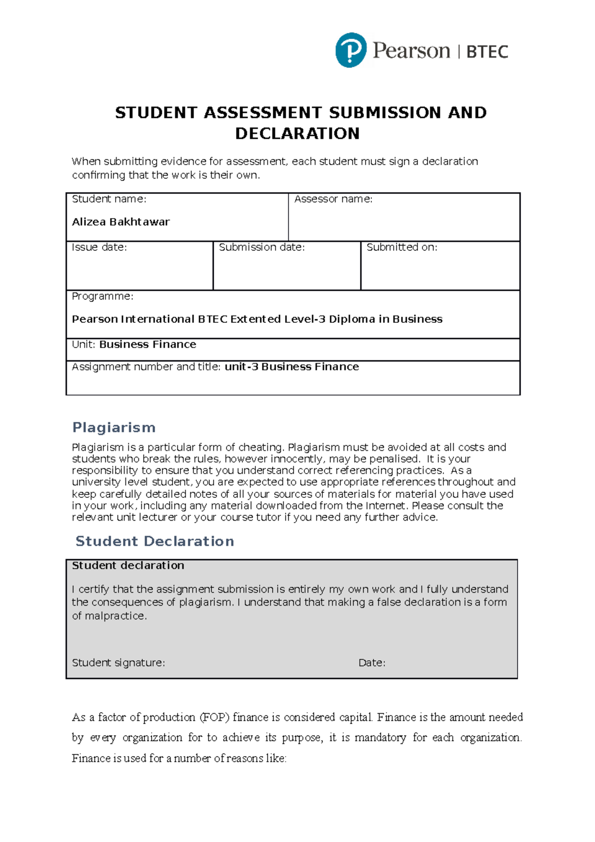 Unit#3-BTEC-Level-3-Business Finance assignment - STUDENT ASSESSMENT SUBMISSION AND DECLARATION ...