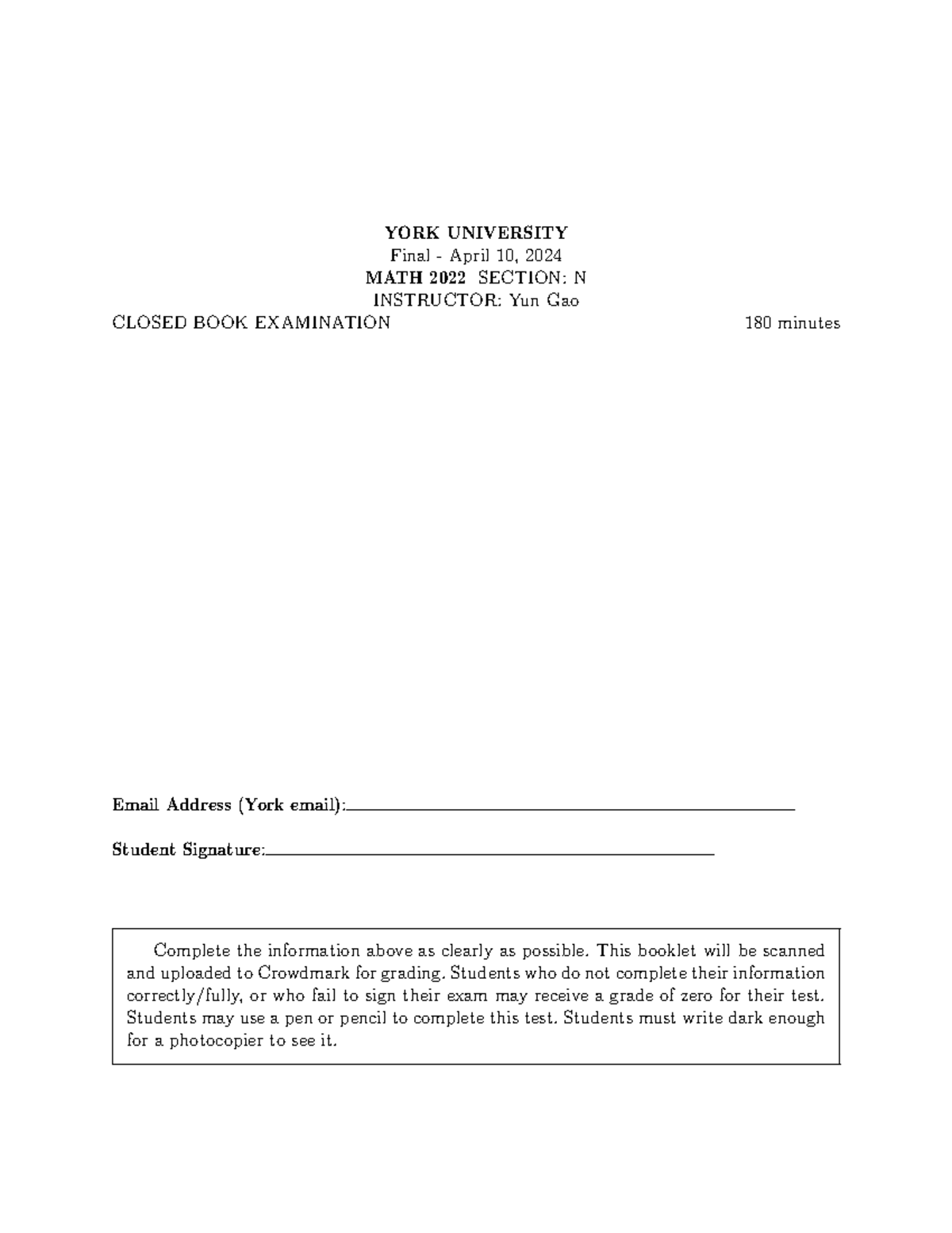 YORK UNIVERSITY MATH 2022N Final Exam April 10, 2024 - Studocu