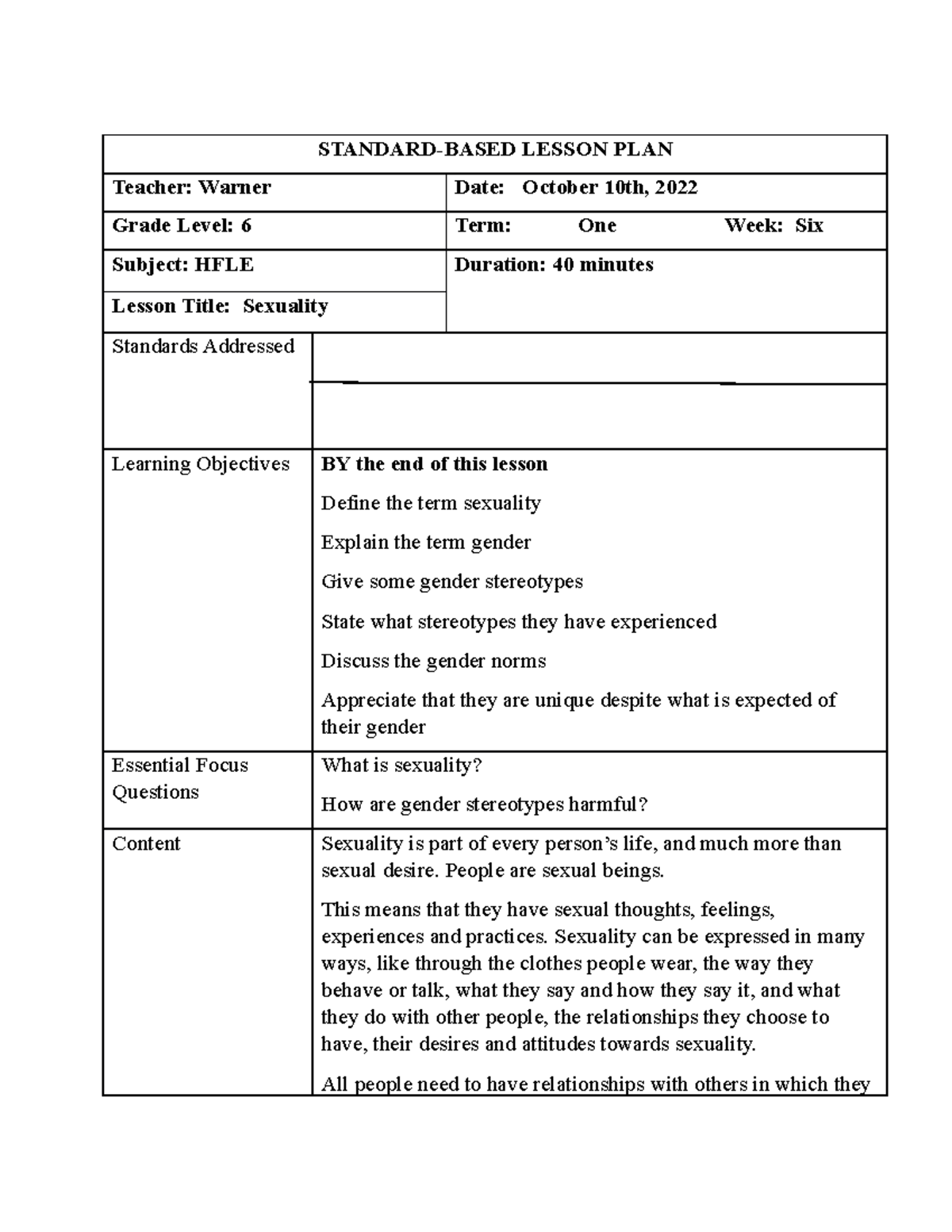 HFLE lesson Sexuality - STANDARD-BASED LESSON PLAN Teacher: Warner Date ...