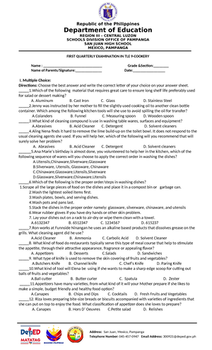 PRE TEST Grade 10 EIM - Address: San Juan, Mexico, Pampanga Telephone ...