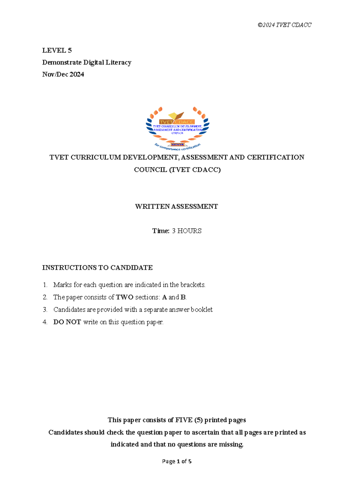 Digital Literacy Assessment: Level 5 - Nov/Dec 2024 Exam Guide - Studocu