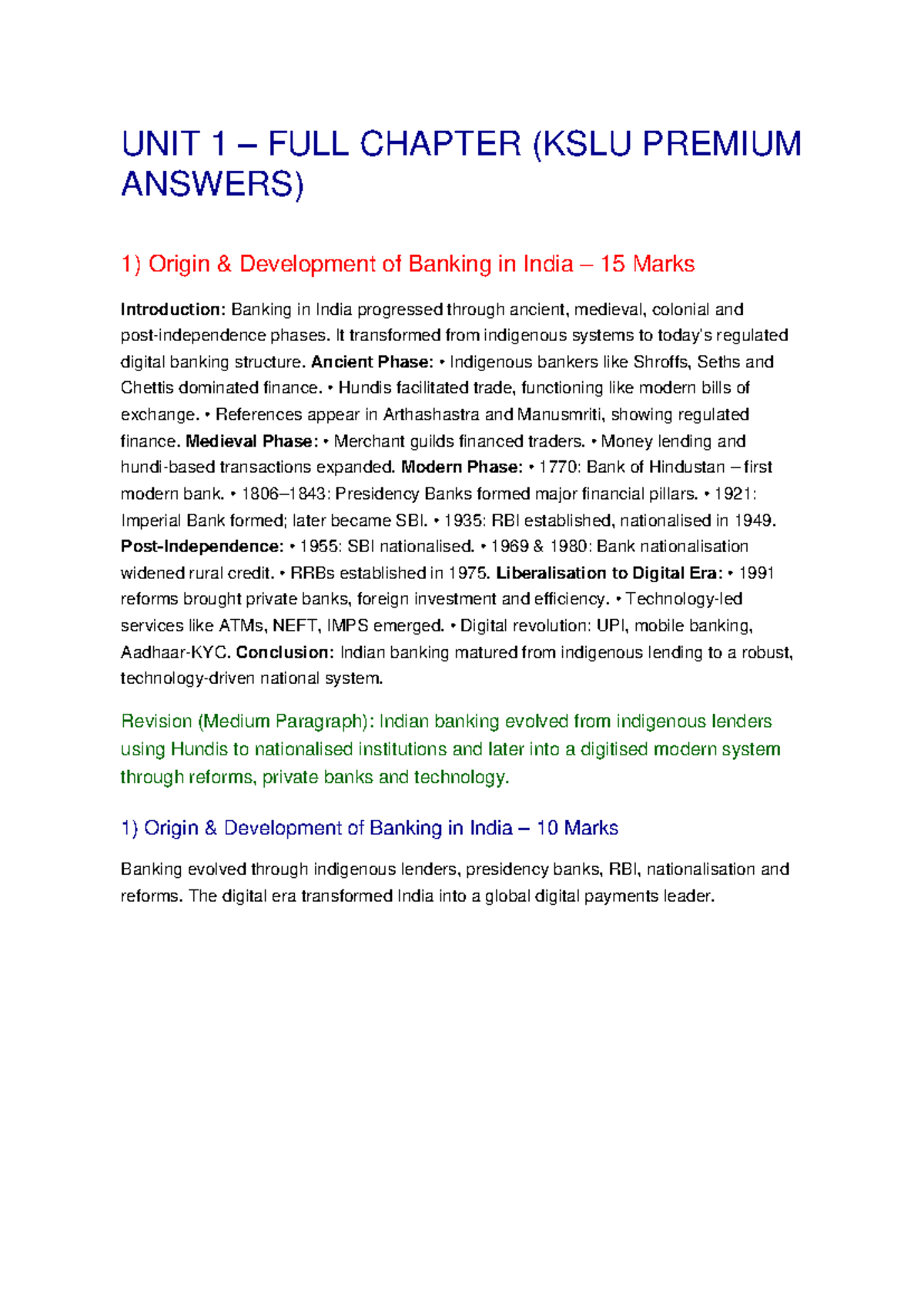 UNIT 1: Evolution of Banking in India (KSLU Premium Answers) - Studocu