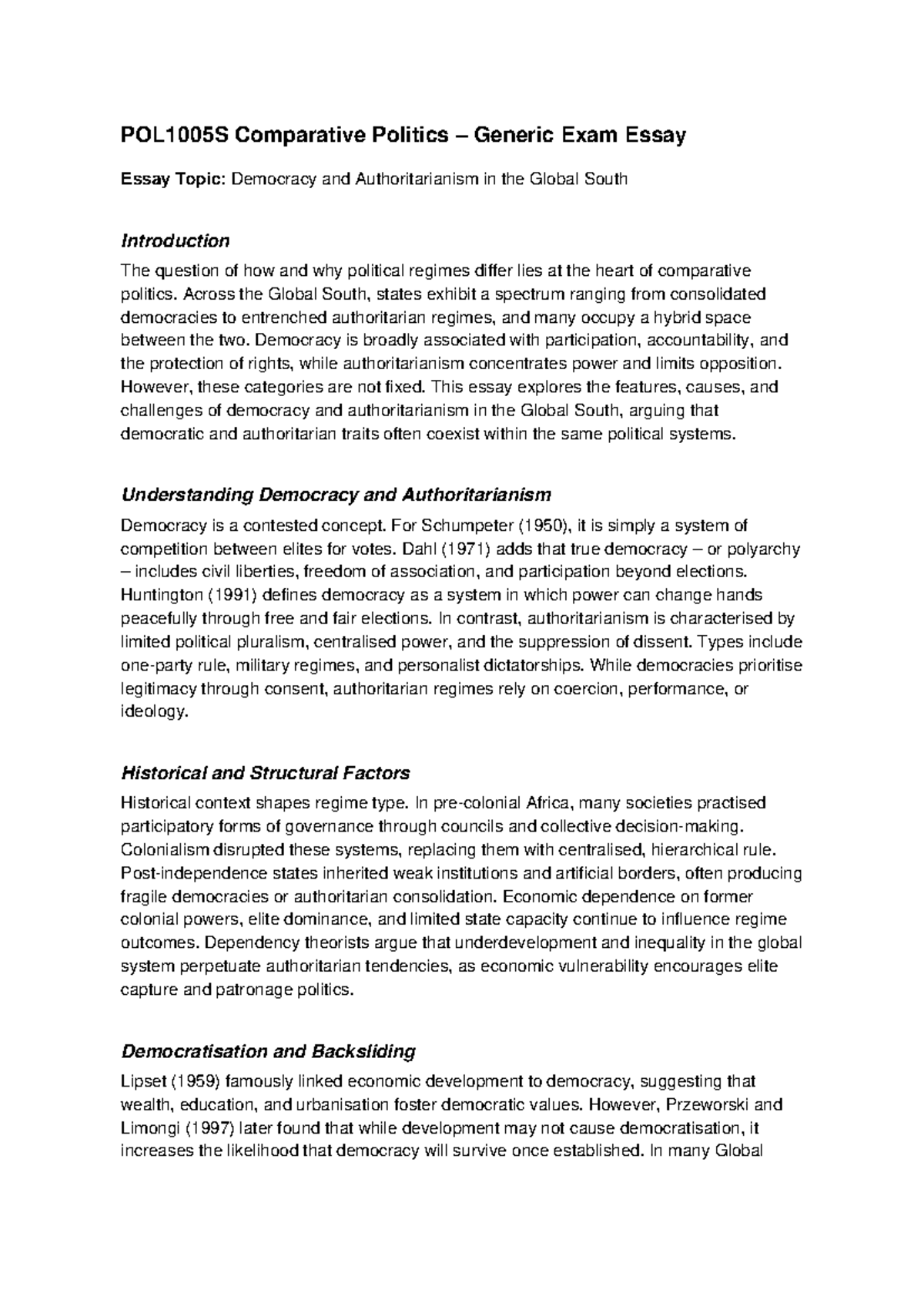 POL1005S Comparative Politics Essay: Democracy vs. Authoritarianism ...
