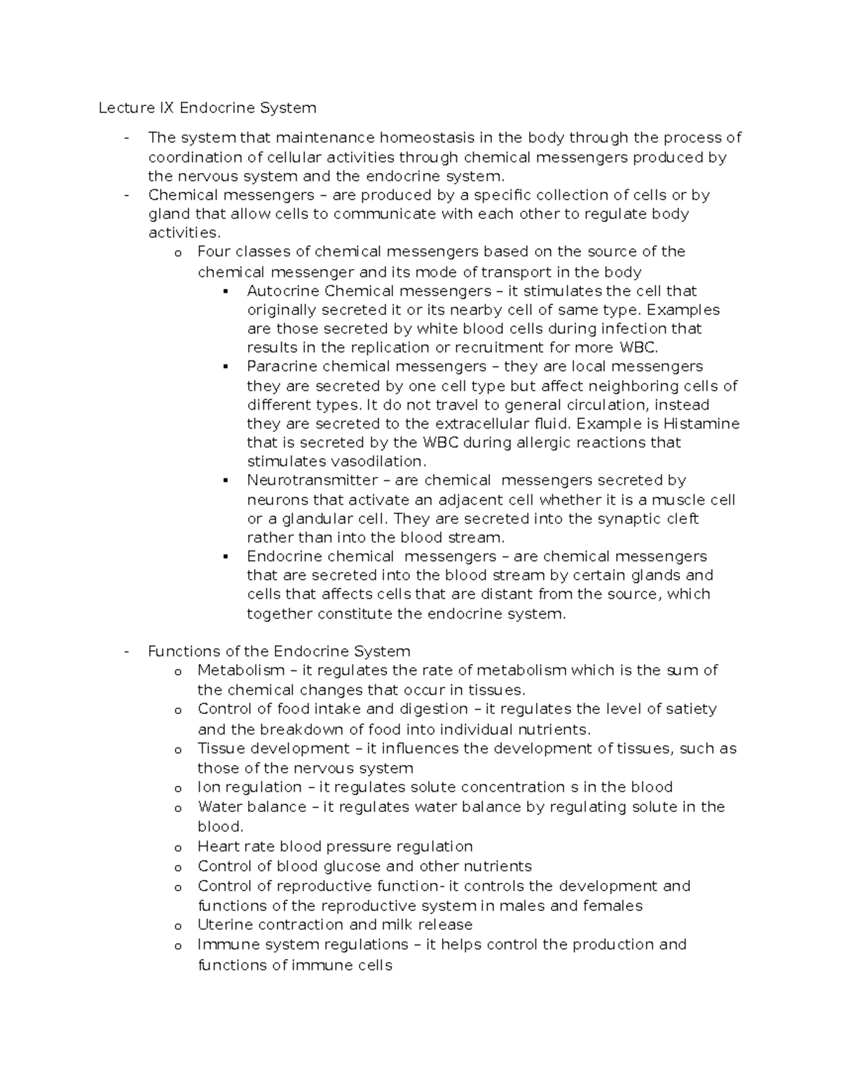 Lecture IX: Endocrine System and Homeostasis Mechanisms - Studocu