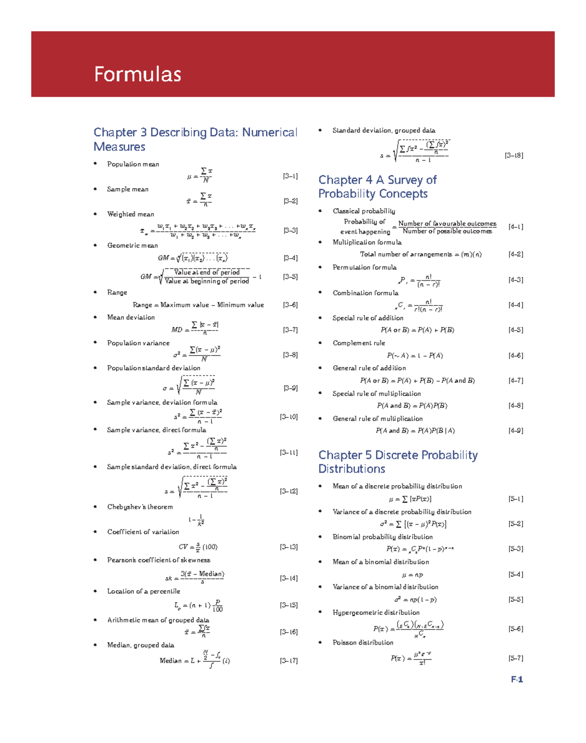 MTH 237 Formula Sheet - ####### F- Chapter 3 Describing Data: Numerical Measures • Population ...
