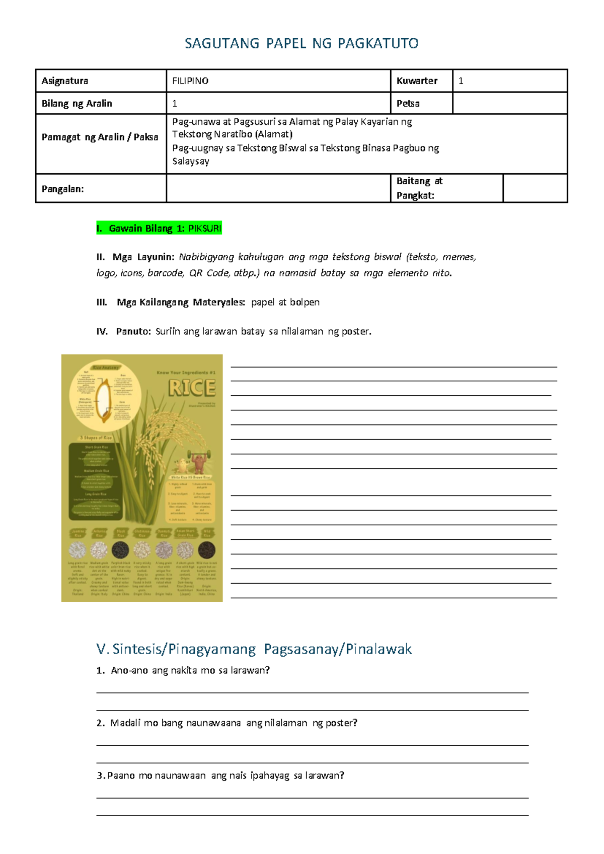 Filipino Gawain Bilang 1 - Worksheets on Alamat Analysis - Studocu