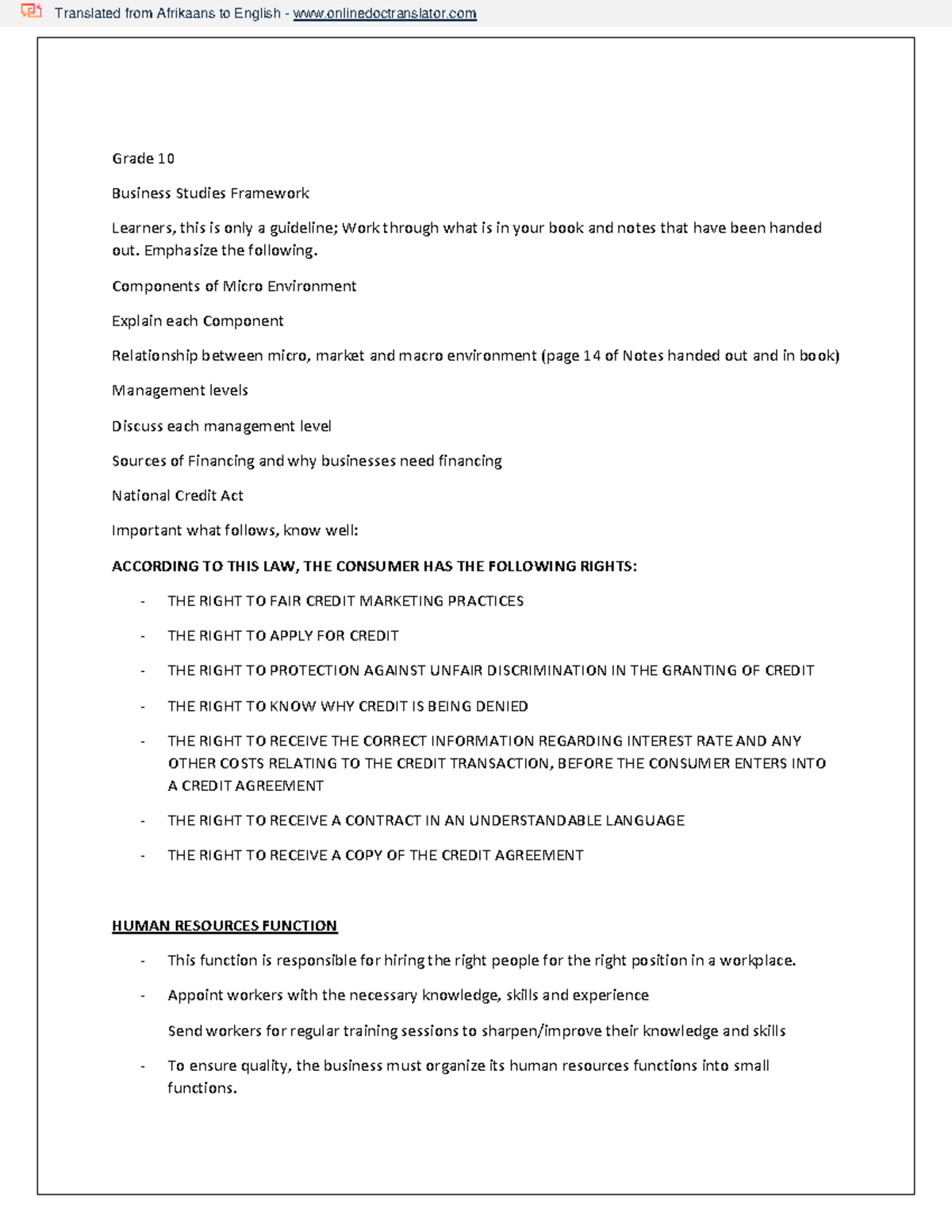 Grade 10 Business Studies framework notes and key concepts - Studocu