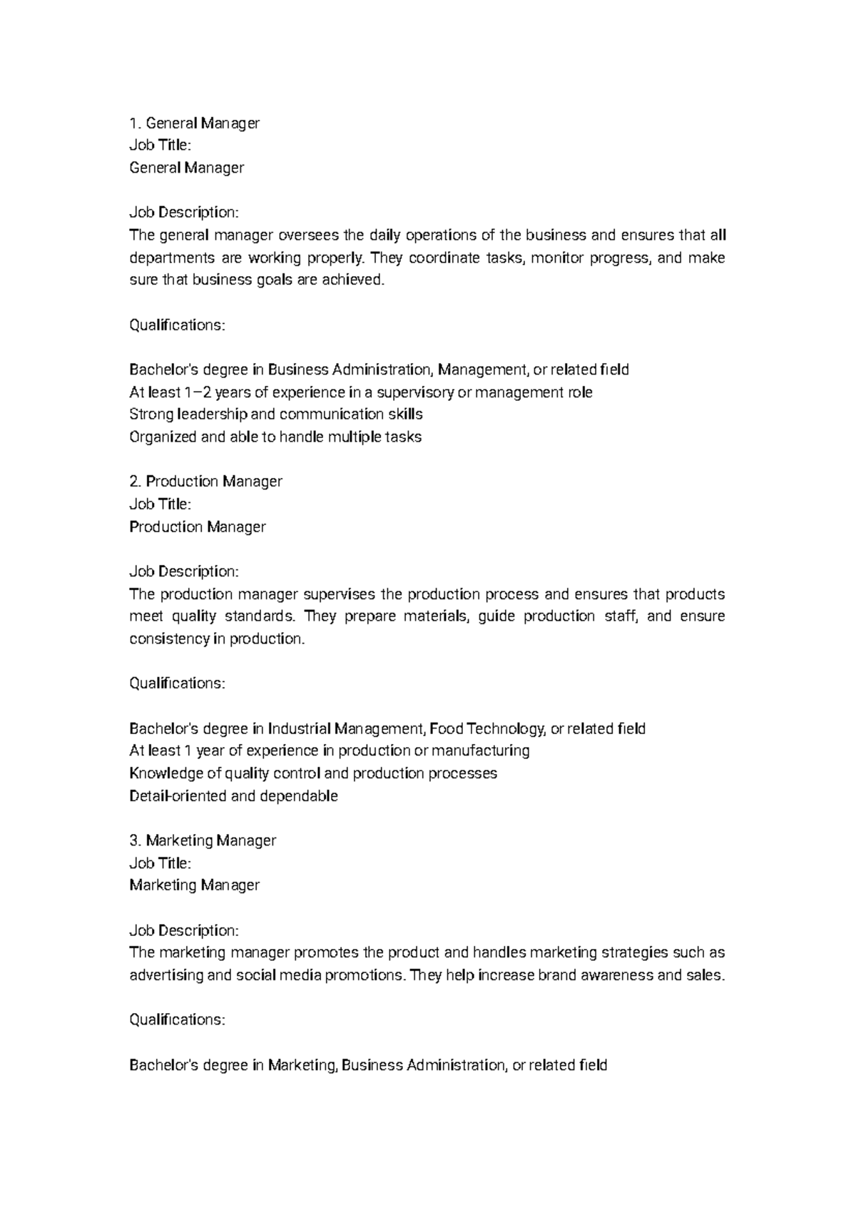 Manpower Reqs: GM, Production & Marketing Manager Roles - Studocu