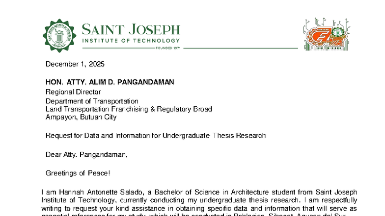 Request for Data and Info for Thesis Research - BS Arch - Studocu