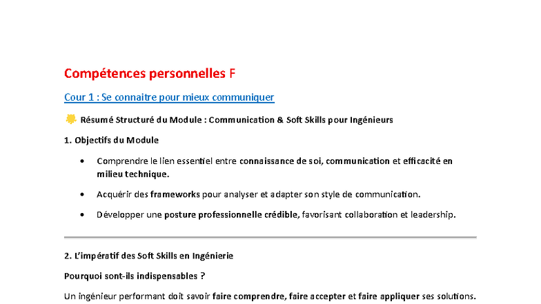 Compétences Personnelles F - Cour 1 : Communication et Soft Skills pour ...