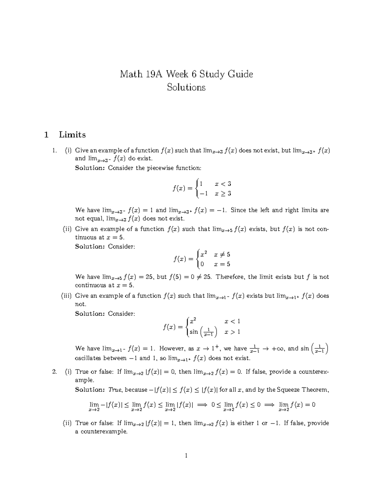 Math 19A Week 6 Study Guide: Limit Solutions and Derivatives - Studocu