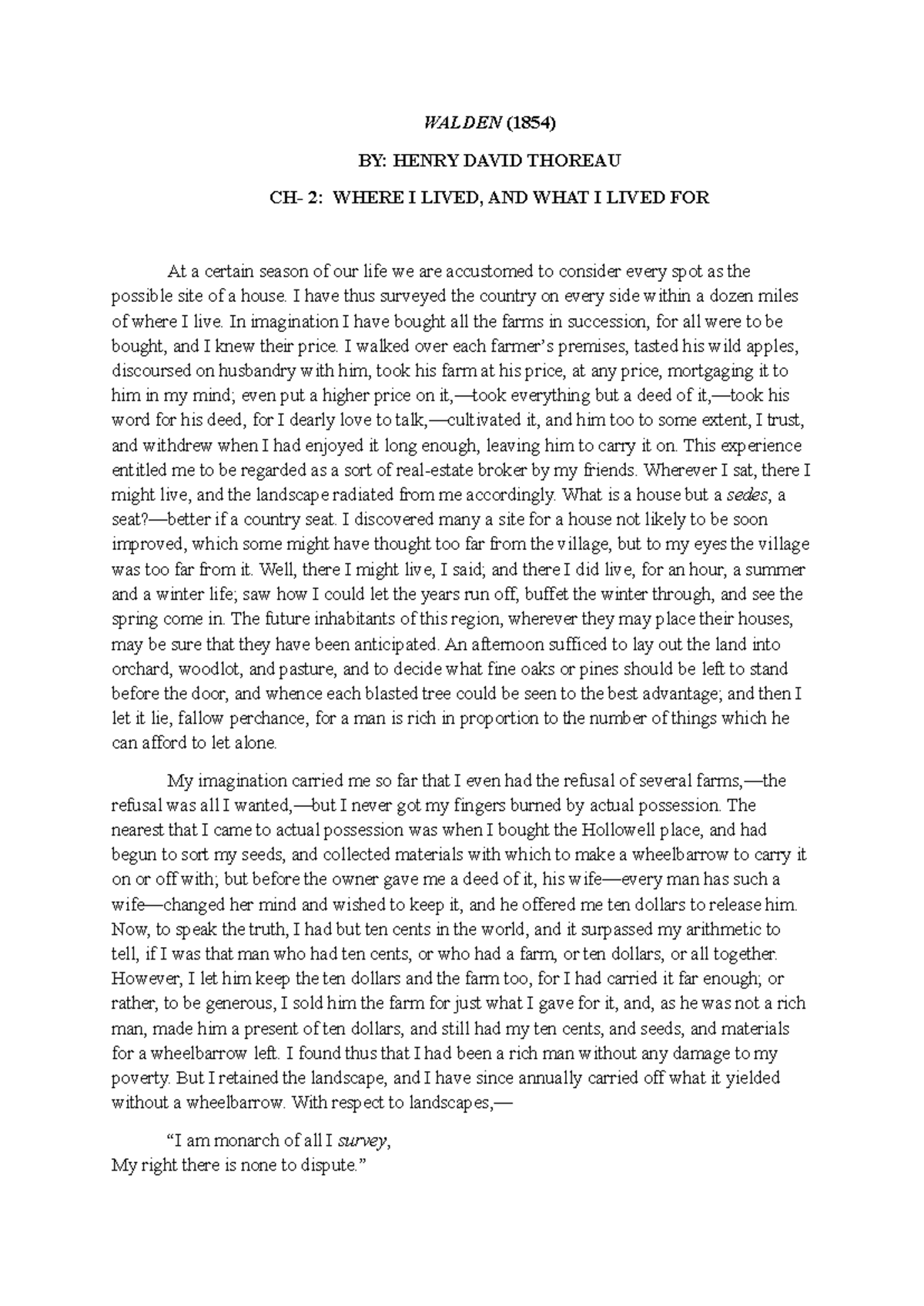 Walden chp 2 - Where I Lived, and What I Lived For. - WALDEN (1854) BY ...