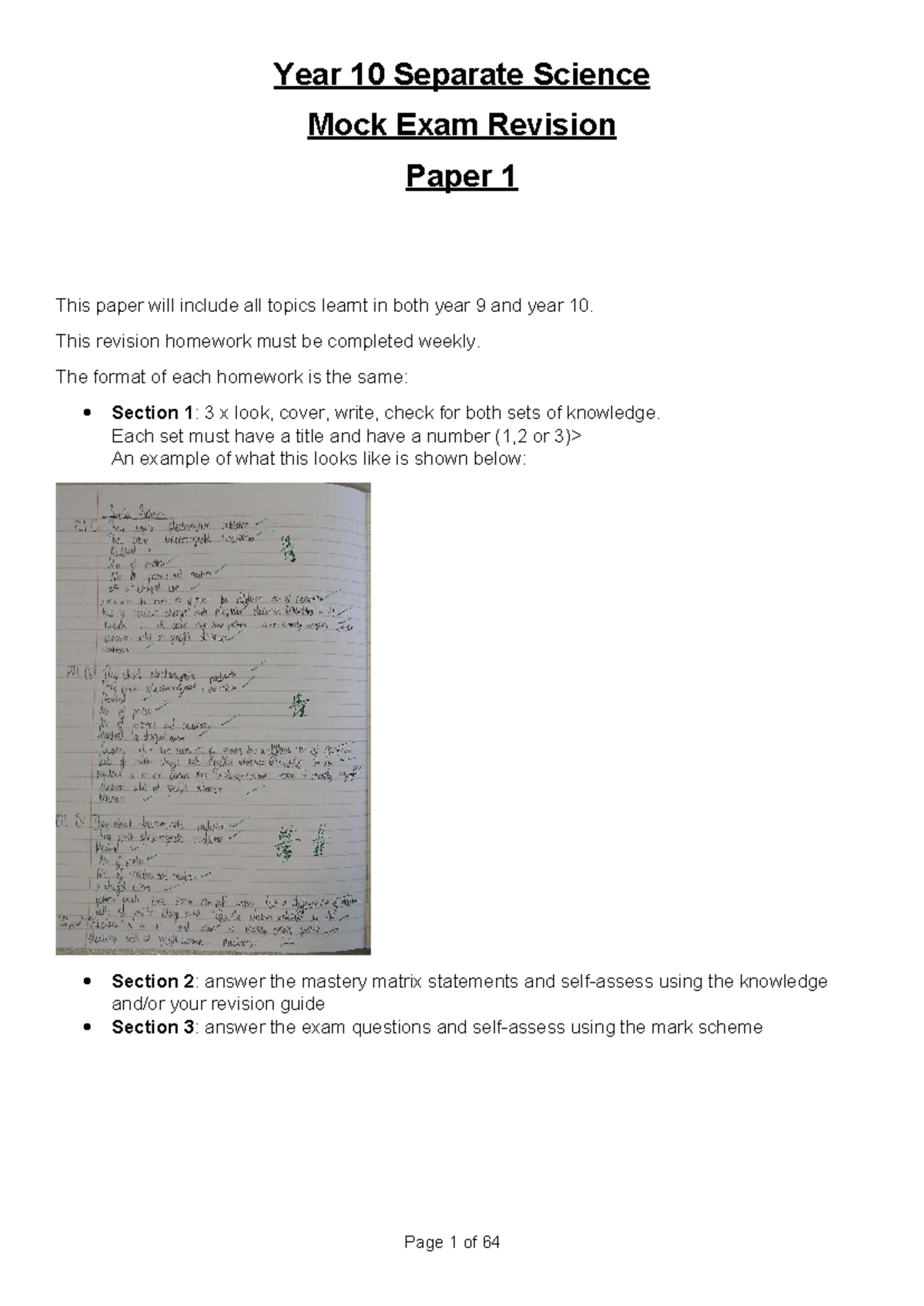 Year 10 Science Mock Exam Revision Homework Booklet (Separate Science ...