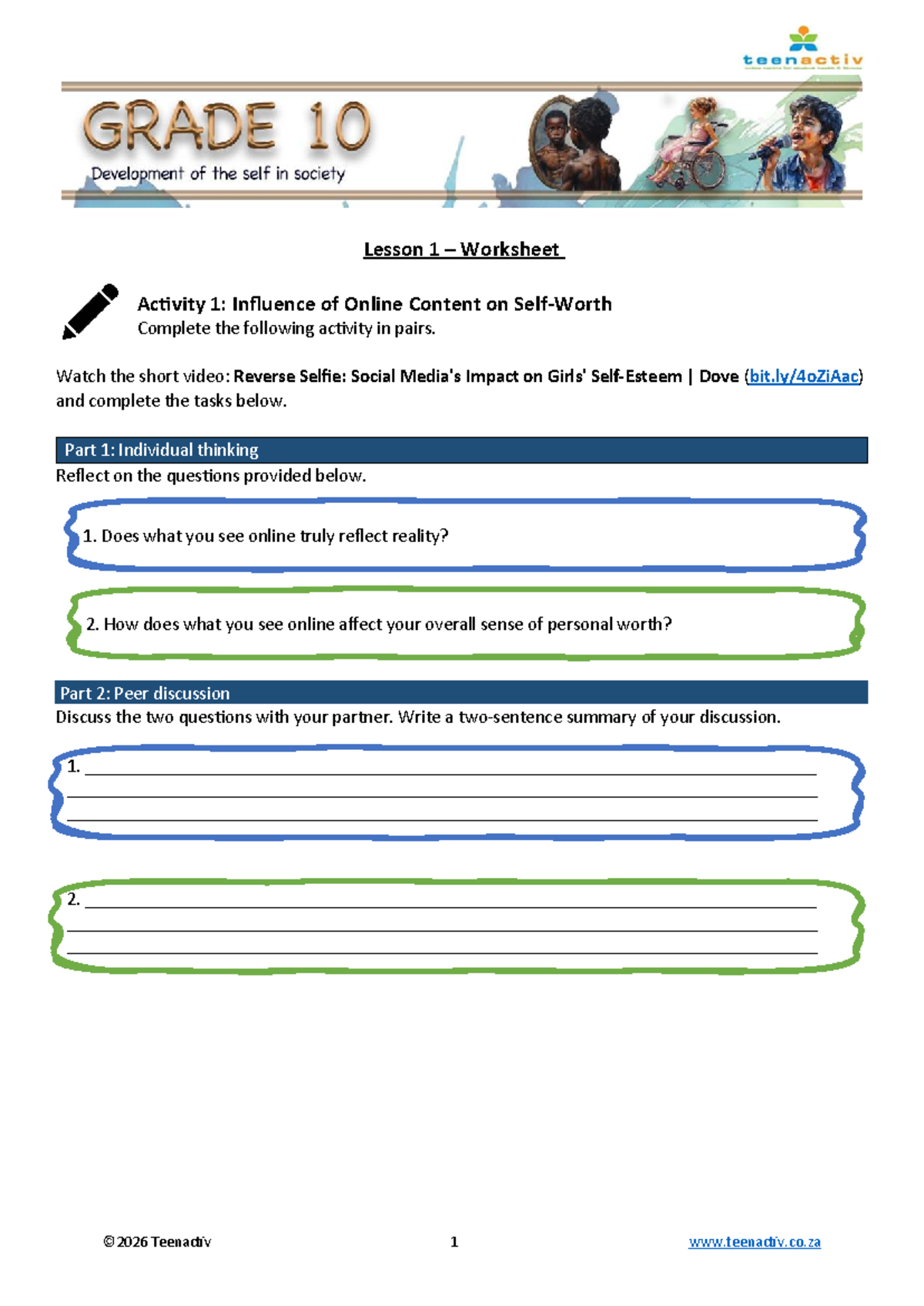 Lesson 1 Worksheet: Influence of Online Content & Self-Reflection ...