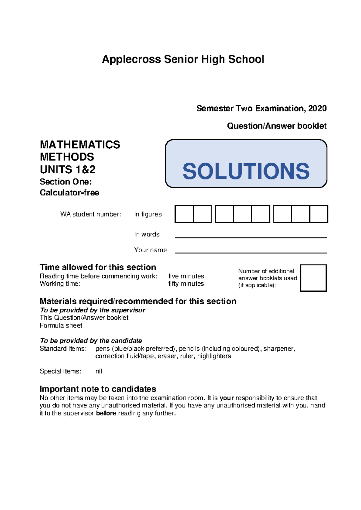 Year 11 Mathematics Methods Unit 2 Semester 2 Exam 2020 Solutions - Studocu