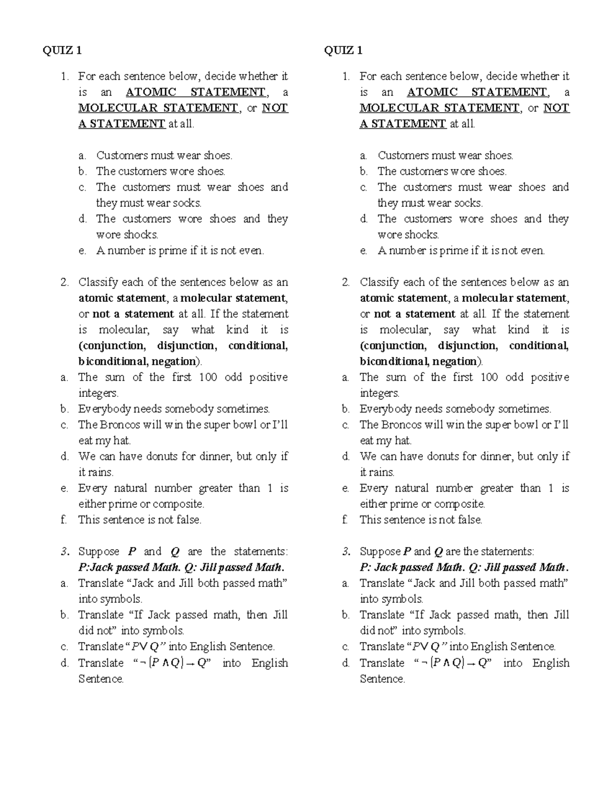 QUIZ 1 (Discrete Math): Atomic and Molecular Statements Analysis - Studocu