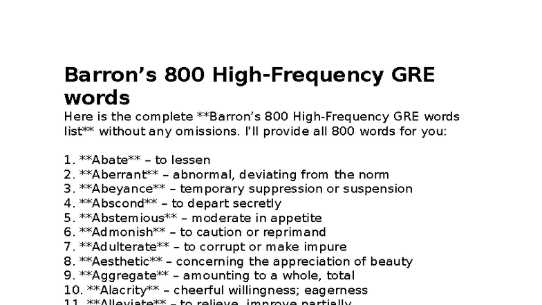 Barron's 800 High-Frequency GRE Words (840883559) - Studocu