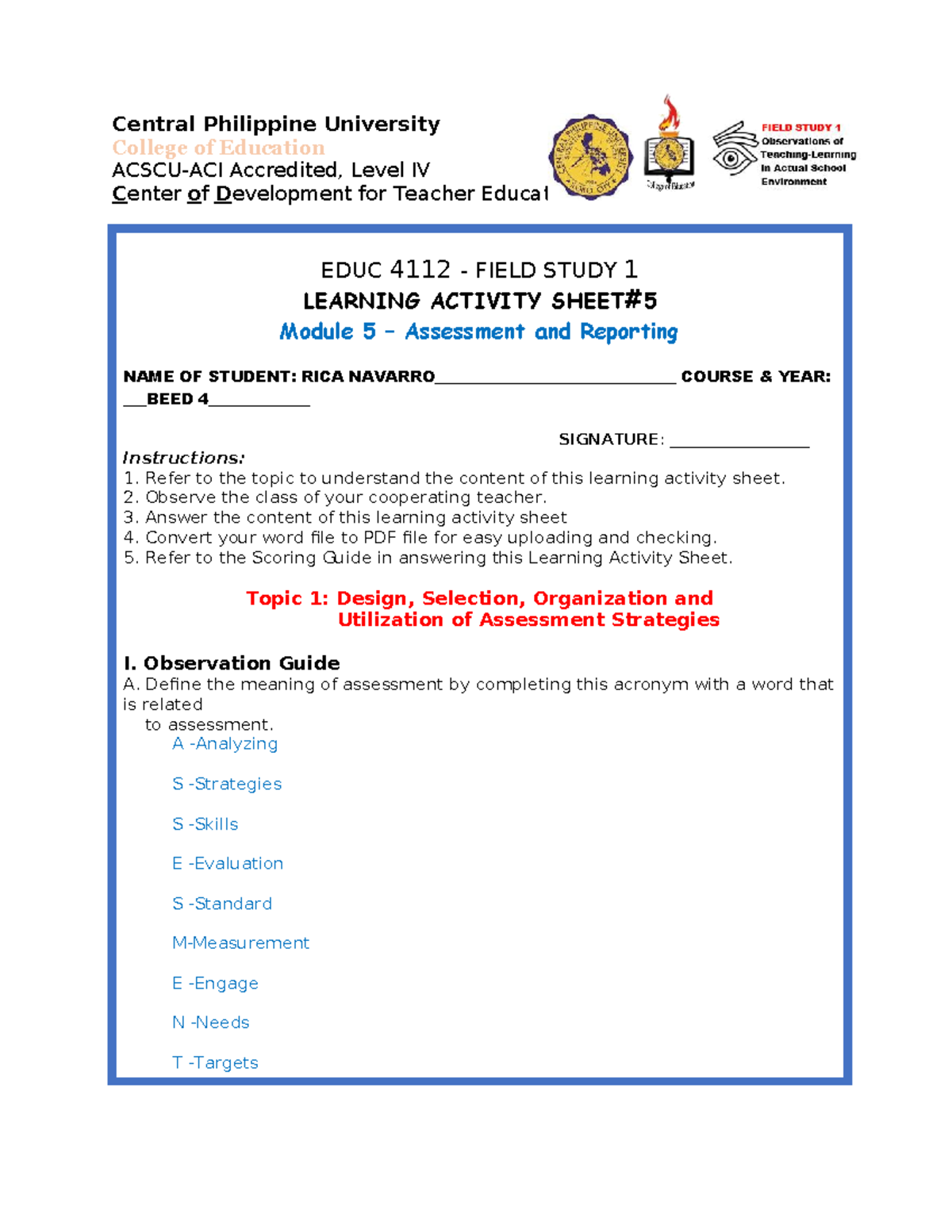 EDUC 4112 Field Study 1: Module 5 Learning Activity on Assessment Strategies - Studocu