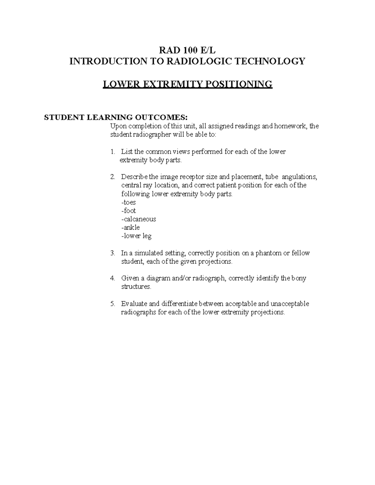 Lower Extremity Positioning Techniques in RAD 100 E/L - Studocu
