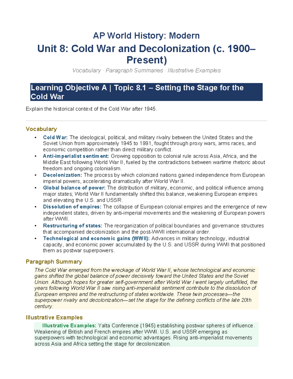 AP World History: Modern Unit 8 Study Guide on Cold War ...