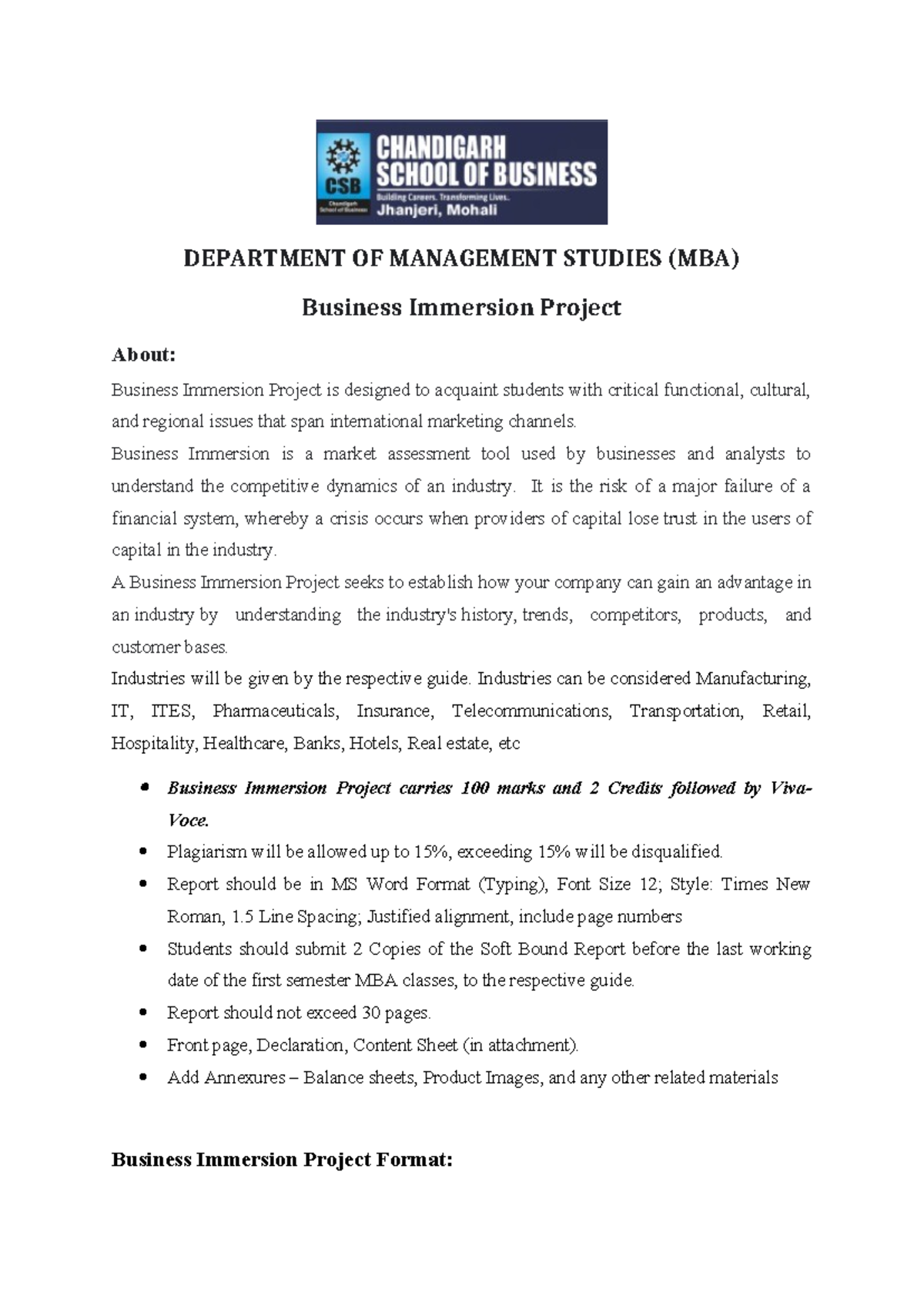 MBA Business Immersion Project Format: Guidelines & Structure - Studocu