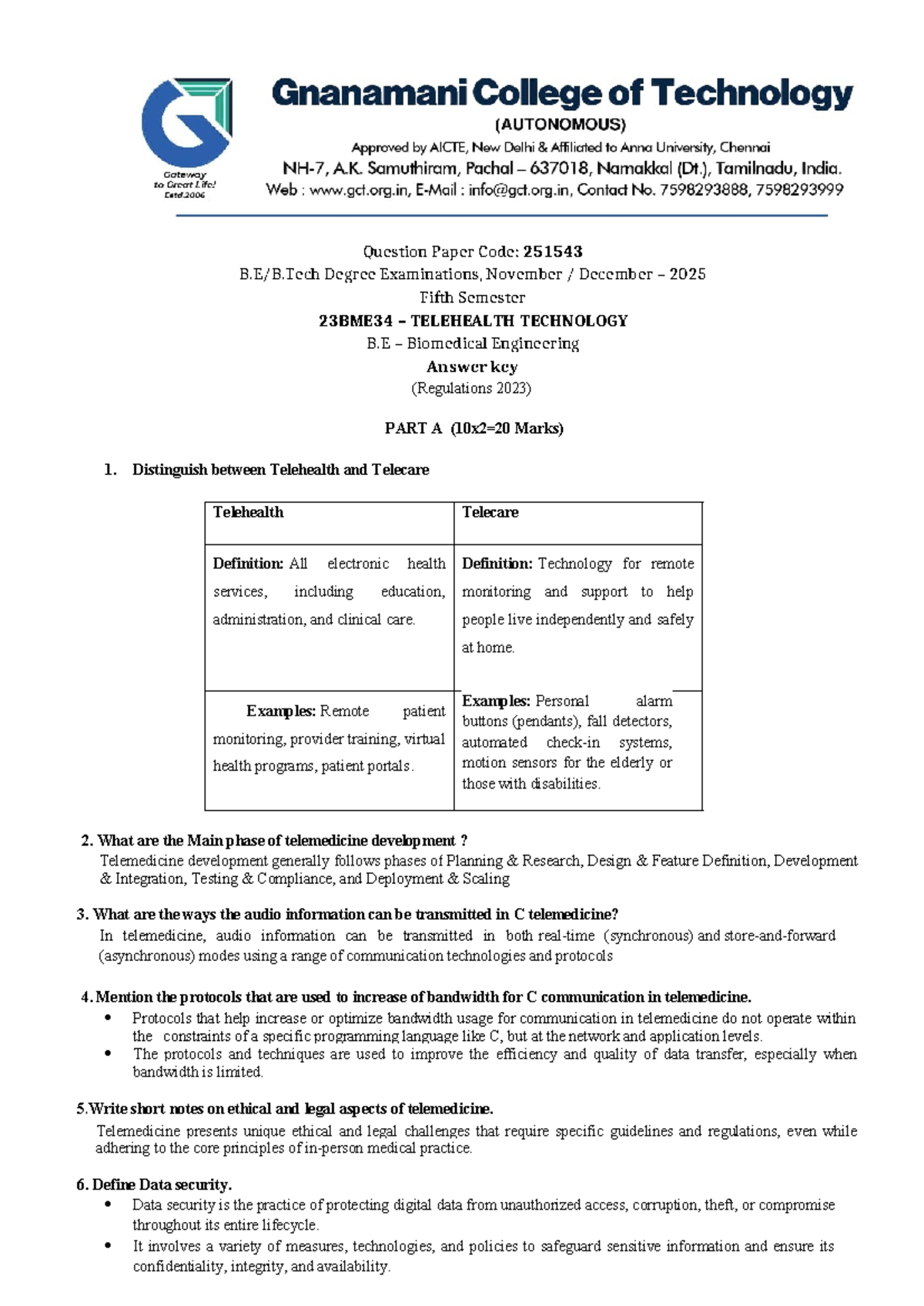 THT 23BME34 Telehealth Technology Exam Answer Key - Nov-Dec 2025 - Studocu