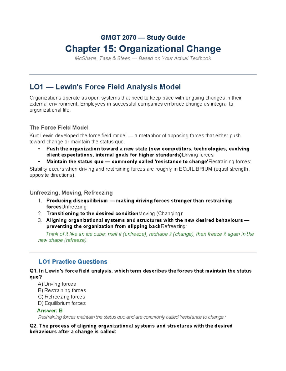 GMGT 2070 Study Guide: Chapter 15 - Organizational Change Insights ...