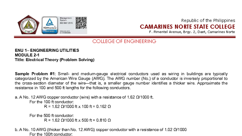 ENU Engineering Utilities Module 2: Electrical Theory Problem Solving ...