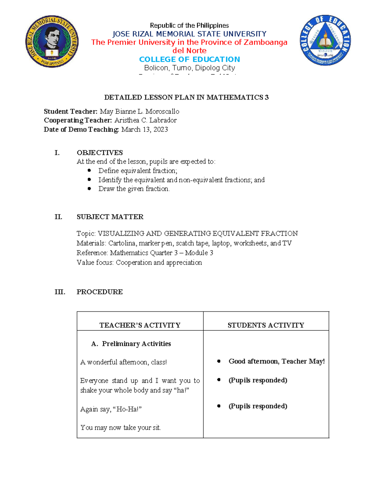 Detailed Lesson Plan for Mathematics 3: Visualizing Equivalent ...