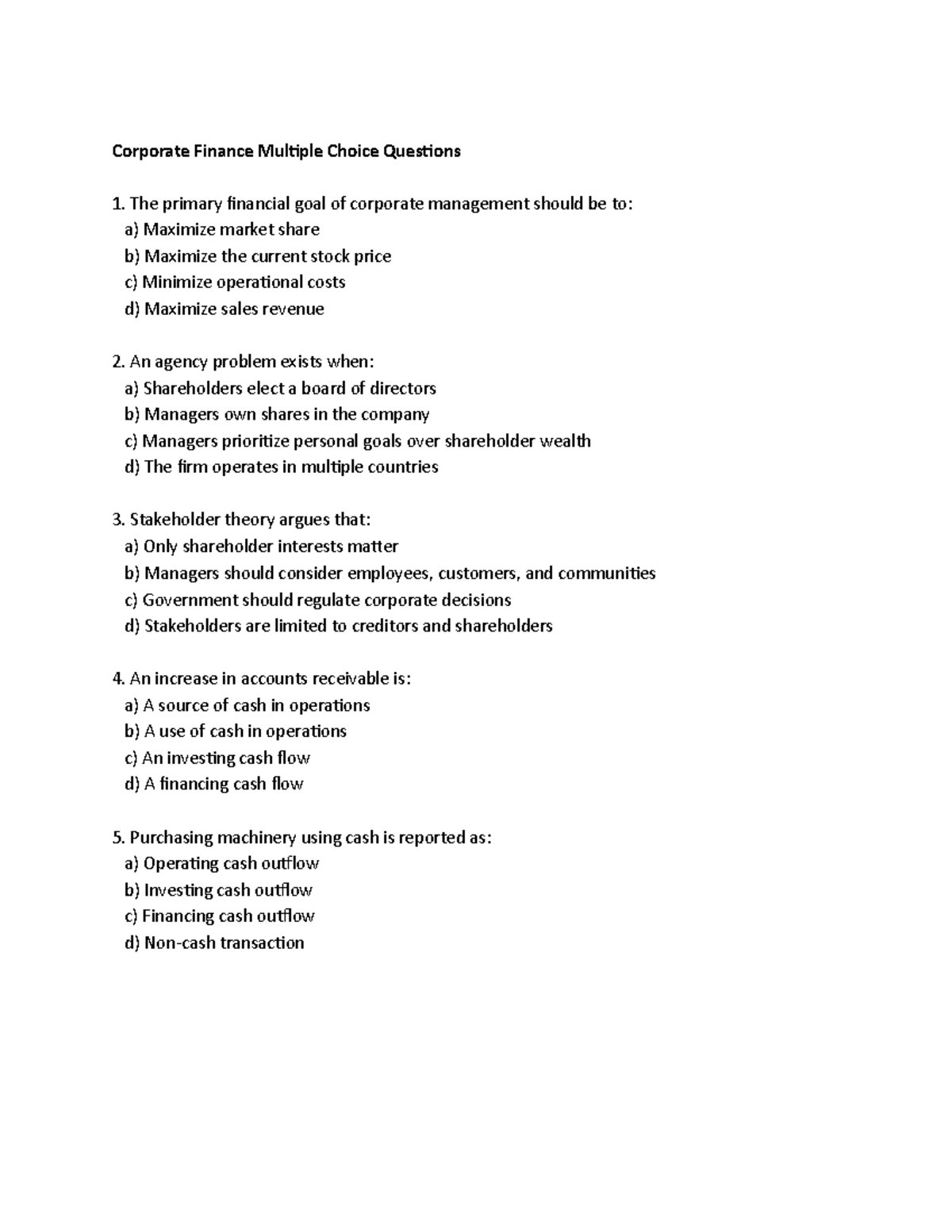 Corporate Finance M.T. MCQ Practice Set 2 - Studocu