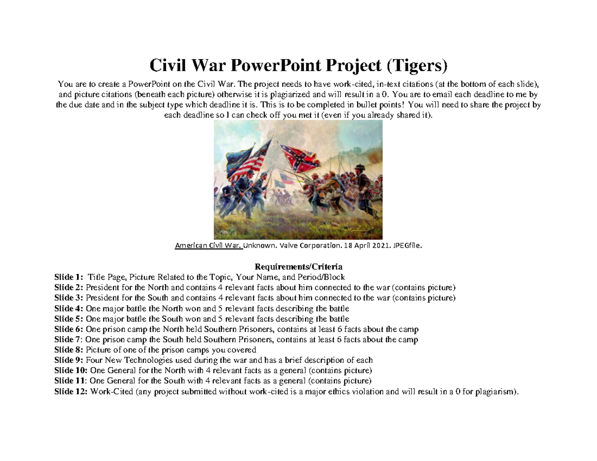 Civil War PowerPoint Project (Tigers) - Requirements & Rubric Guide ...