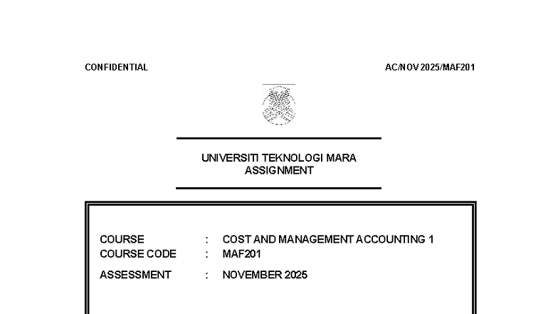 MAF201 Assignment: Cost & Management Accounting Case Study - Nov 2025 ...