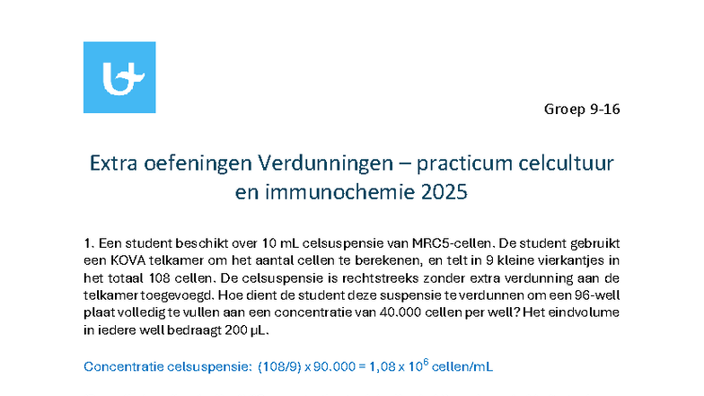 Extra Oefeningen Verdunningen Practicum Celcultuur en Immunochemie 2025 ...