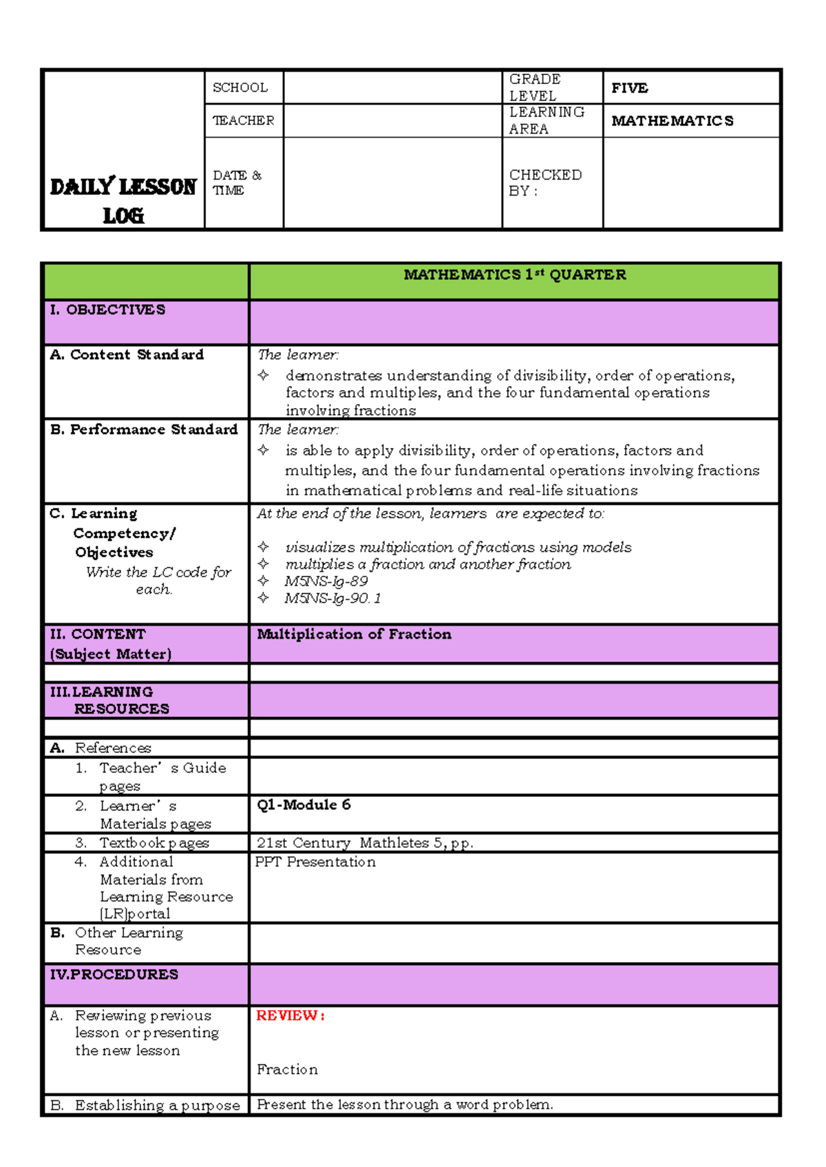 MATH 5 Q1 Daily Lesson: Visualizing Multiplication of Fractions - Studocu