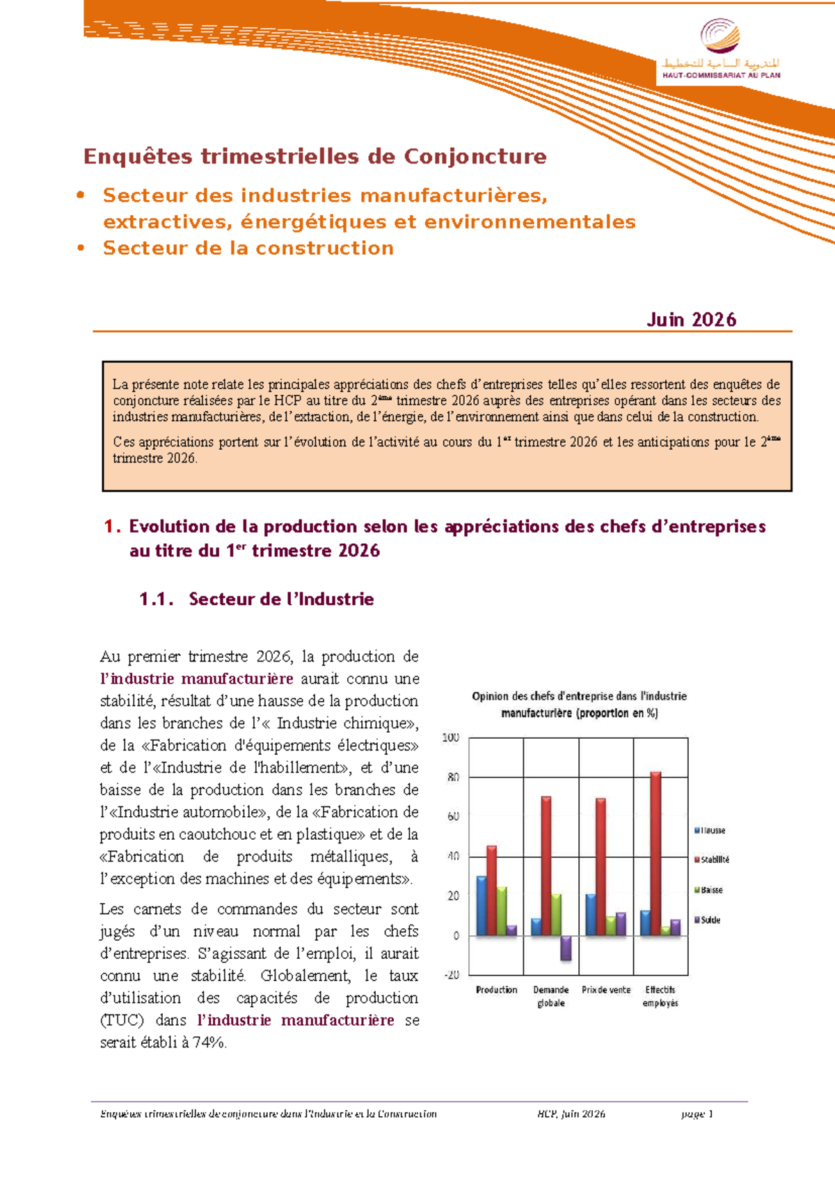 Enquêtes Trimestrielles de Conjoncture T2 2026: Secteurs Manufacturier ...
